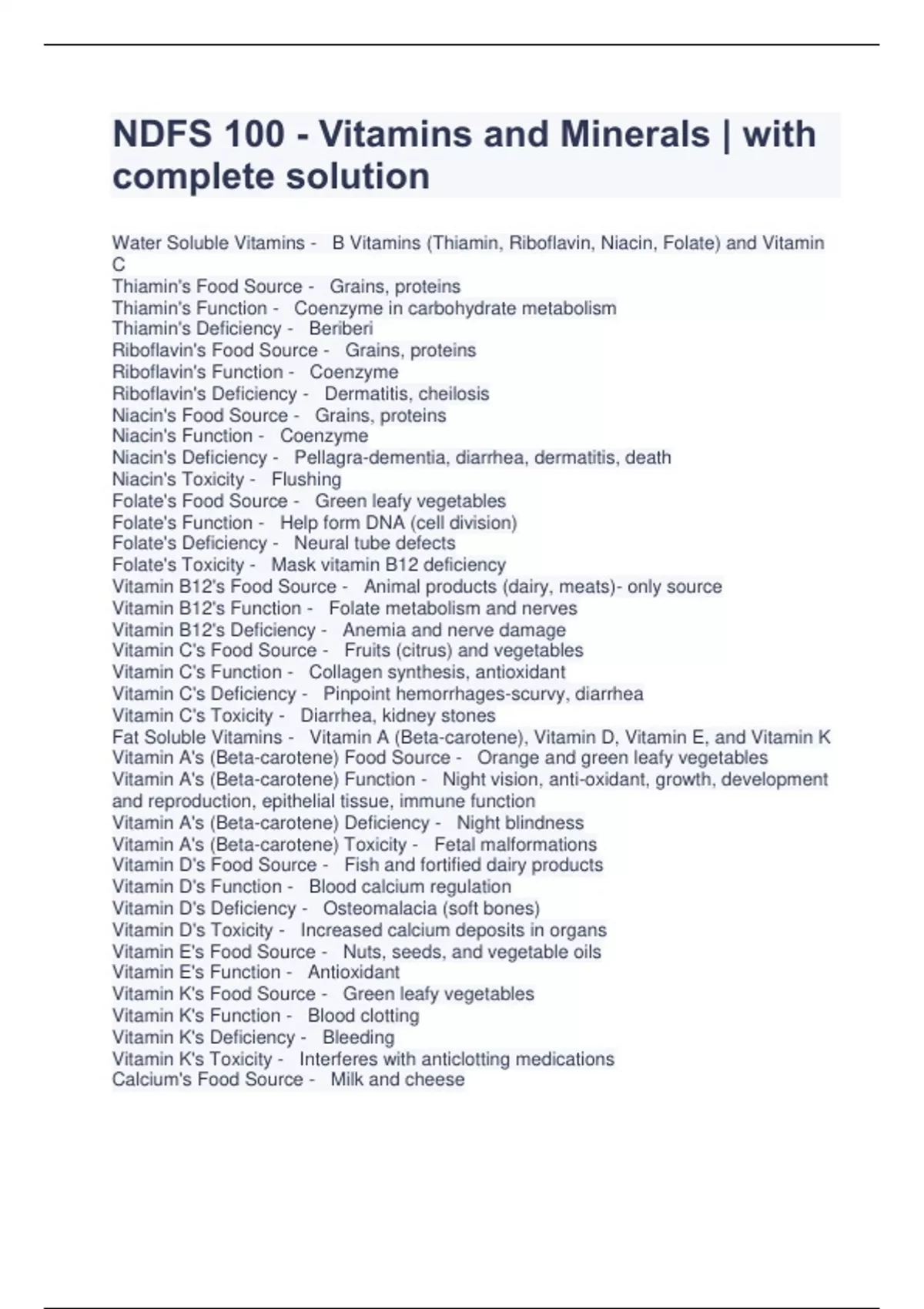 NDFS 100 - Vitamins and Minerals | with complete solution - Stuvia US
