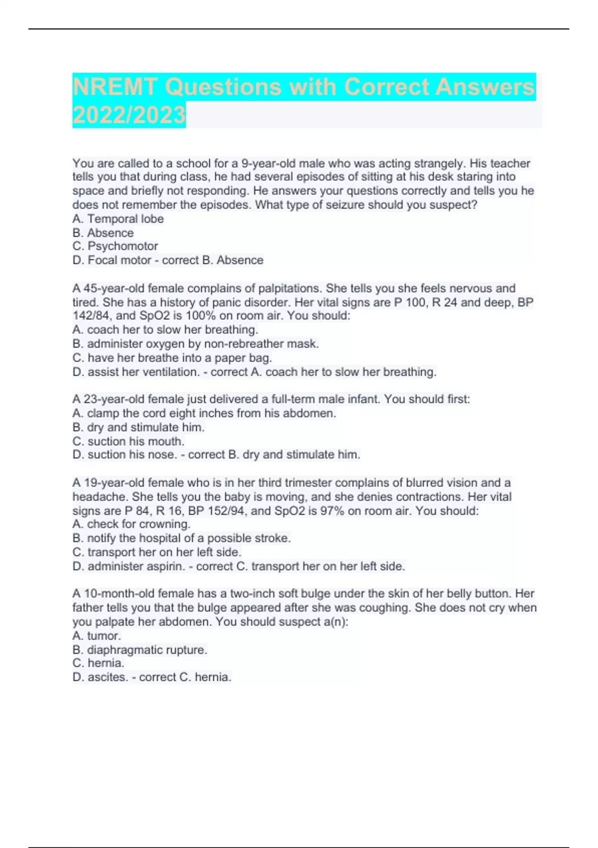 NREMT Questions with Correct Answers 2021(UPDATED) - NREMT - Nationally ...