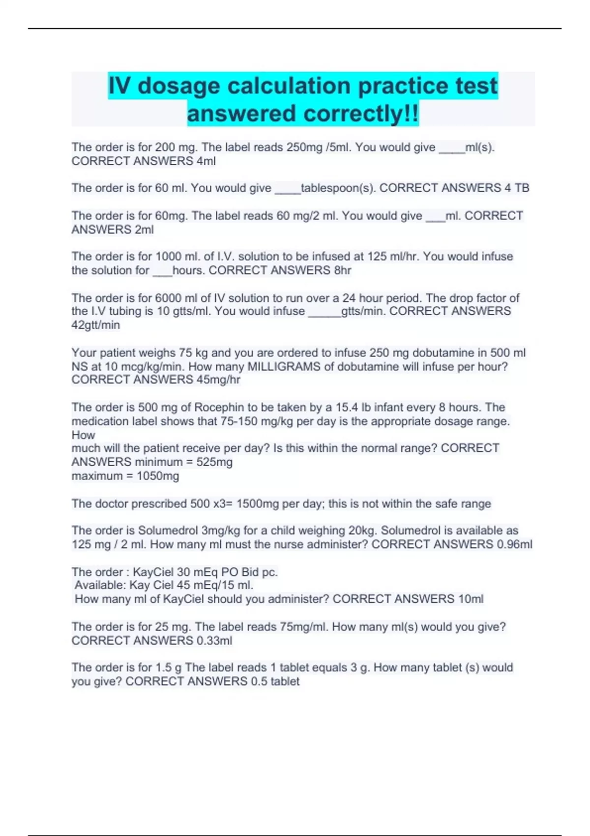 IV dosage calculation practice test answered correctly!! - Dosage ...