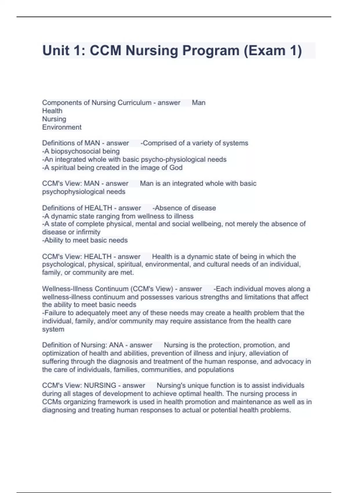 Unit 1 CCM Nursing Program (Exam 1) Questions and Answers 2023 - CCCM ...