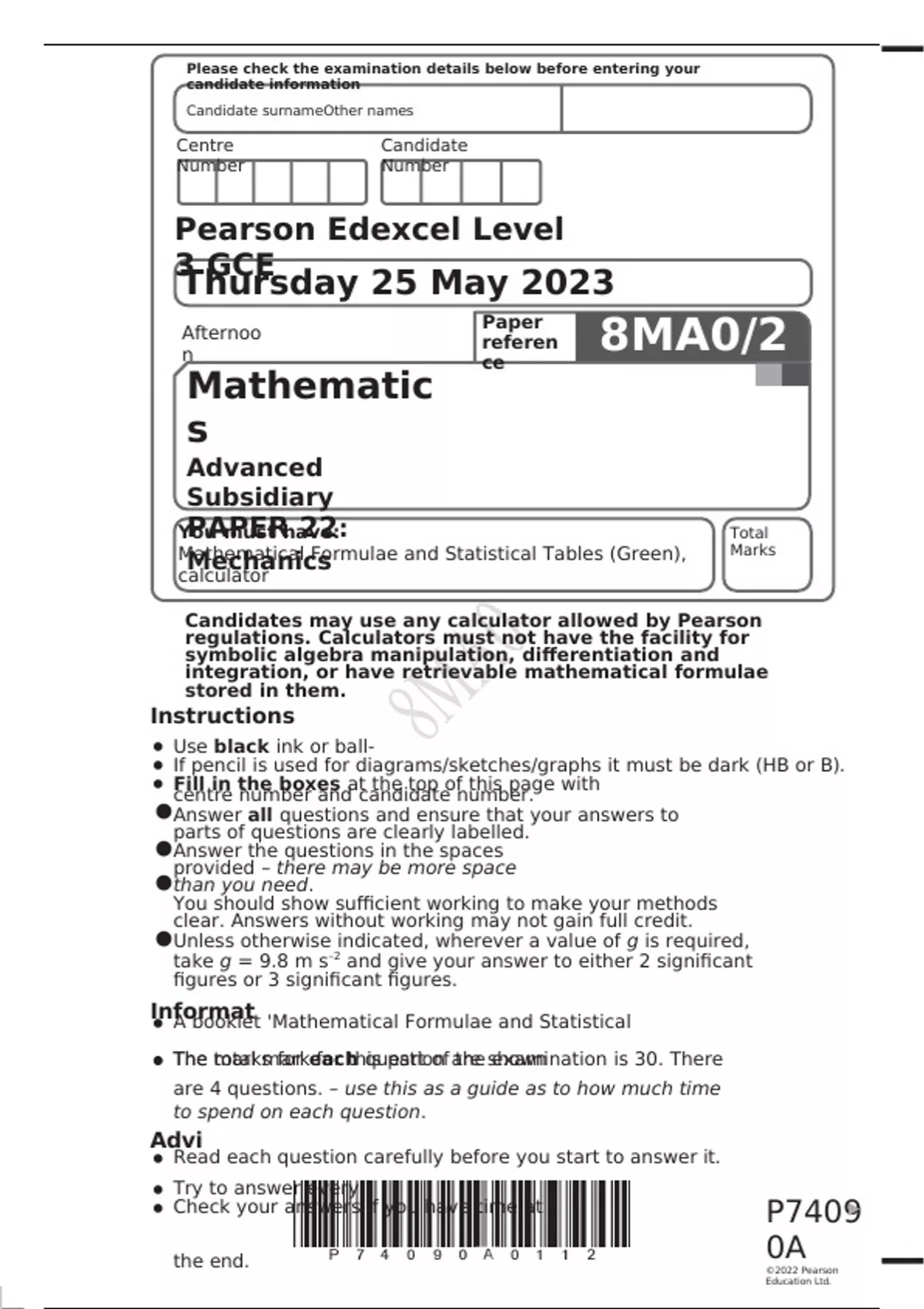 Pearson Edexcel GCE AS Mathematics Paper 22 June 2023 Question paper ...