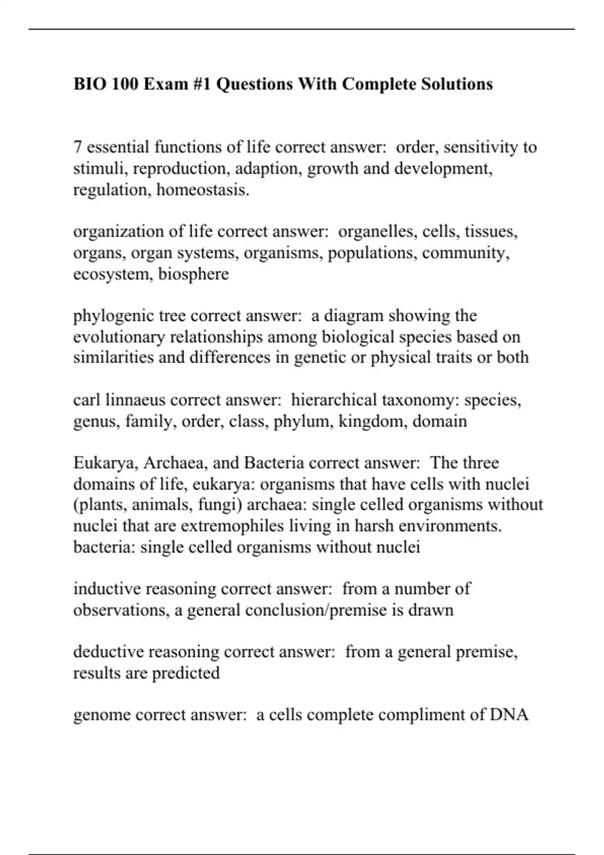 BIO 100 Exam #1 Questions With Complete Solutions - BIO 100 - Stuvia US