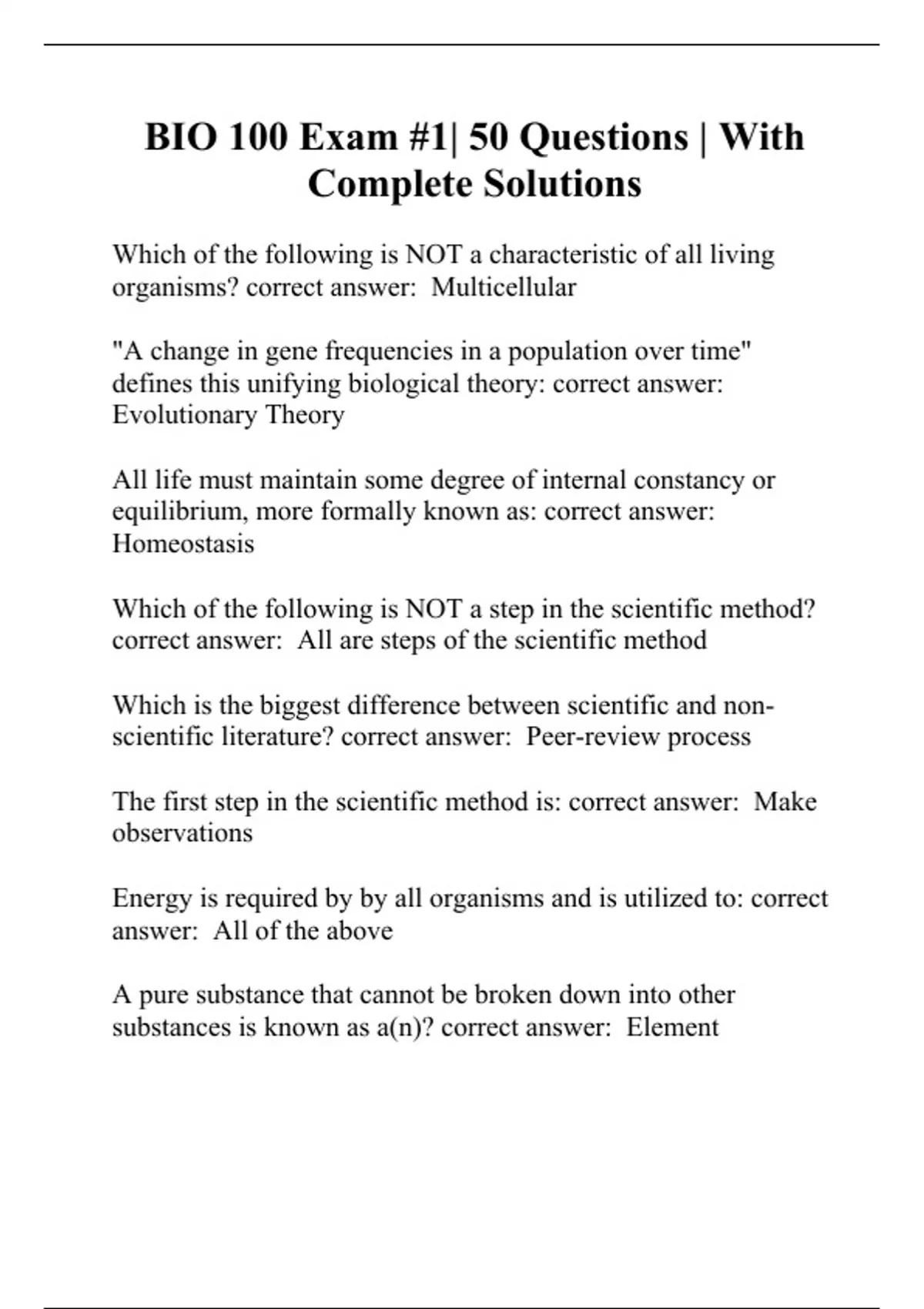 BIO 100 Exam #1| 50 Questions | With Complete Solutions - BIO 100 ...
