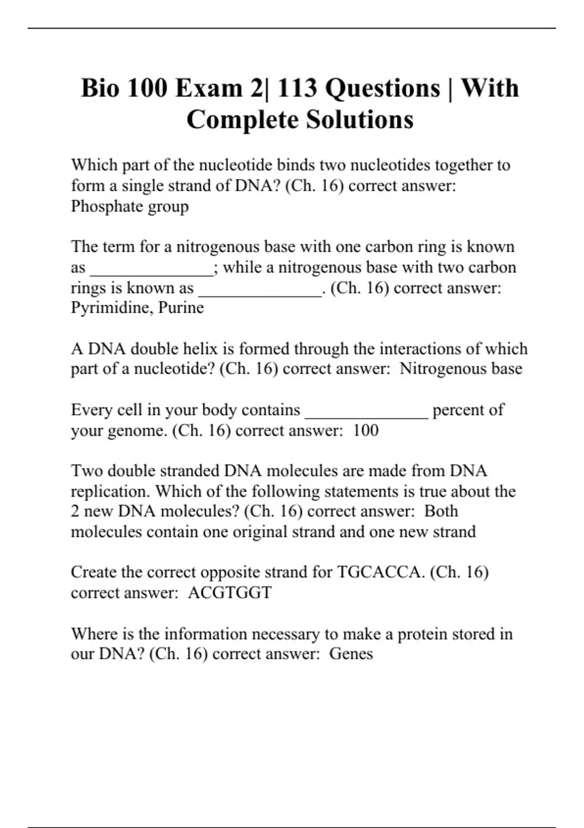 Bio 100 Exam 2| 113 Questions | With Complete Solutions - BIO 100 ...