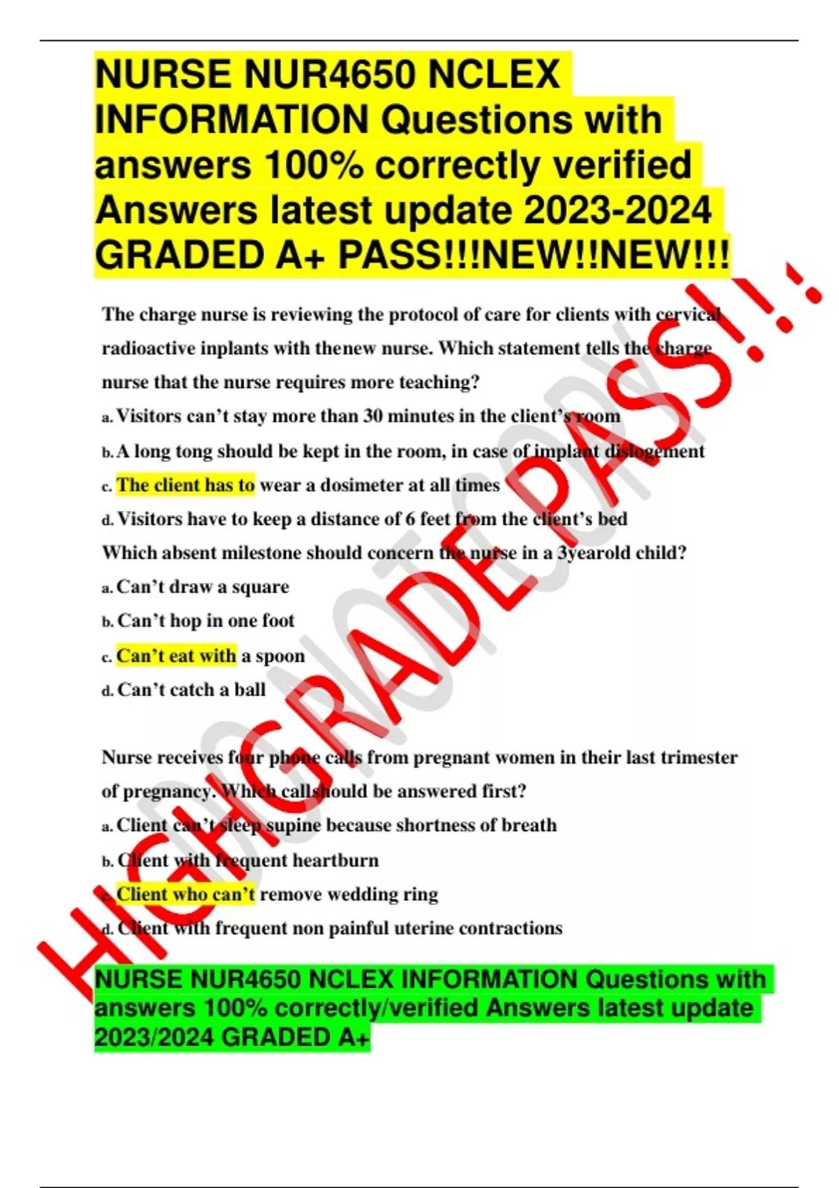 NURSE NUR4650 NCLEX INFORMATION Questions with answers 100% correctly ...