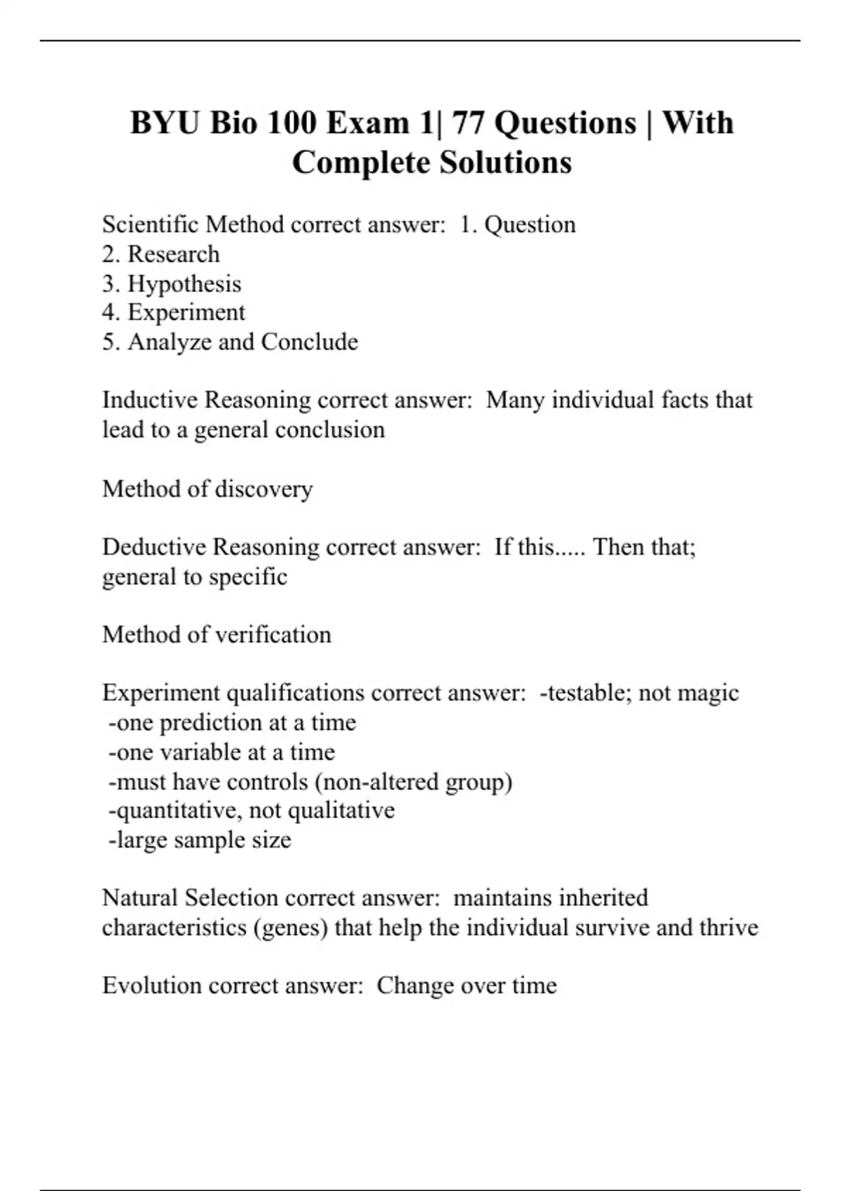 BYU Bio 100 Exam 1| 77 Questions | With Complete Solutions - BIO 100 ...