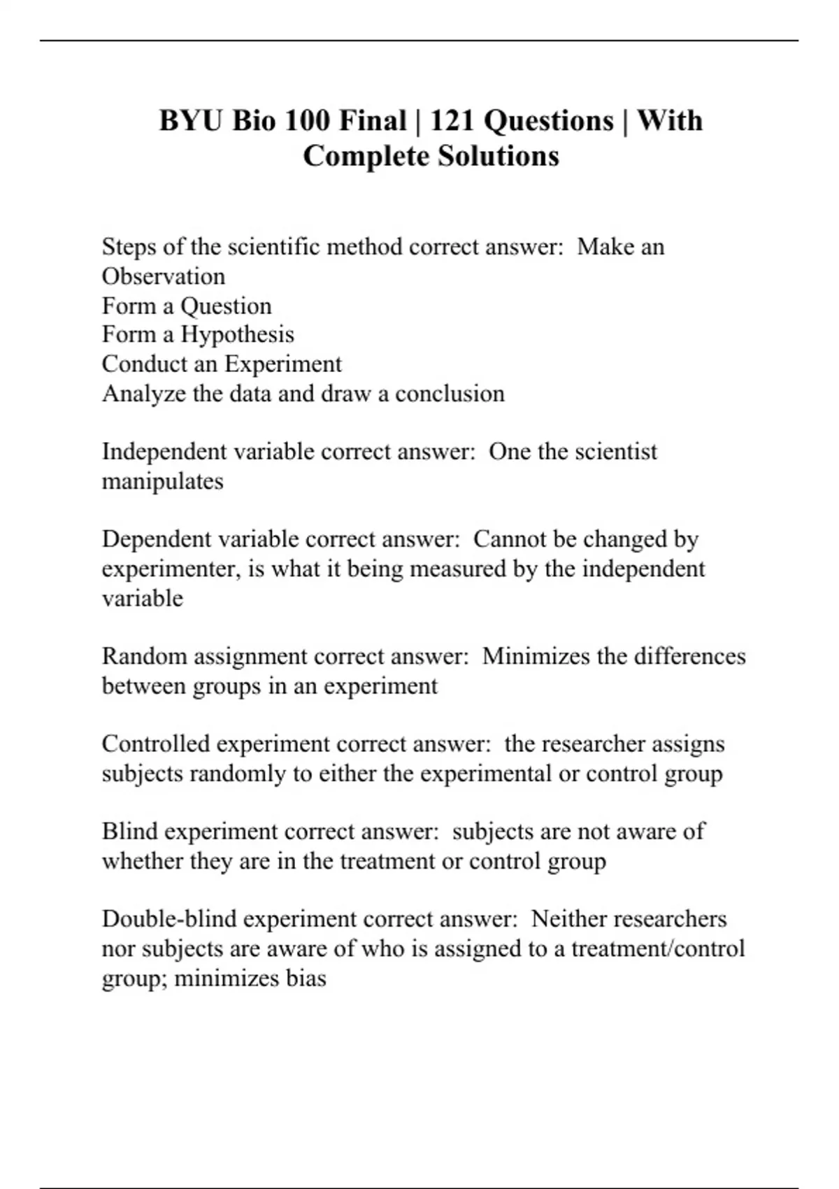 BYU Bio 100 Final | 121 Questions | With Complete Solutions - BIO 100 ...