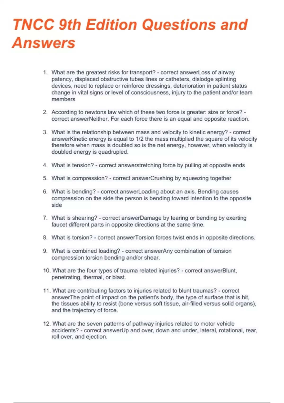 Tncc 9th edition 2024 Questions and Answers - Tncc 9th edition - Stuvia US