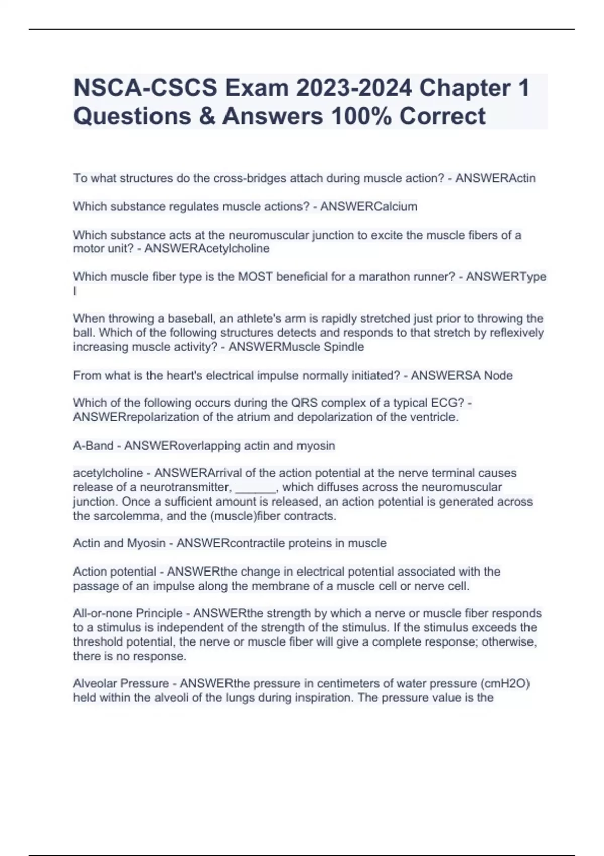 NSCA-CSCS Exam Chapter 1 Questions & Answers 100% Correct - NSCA-CSCS ...