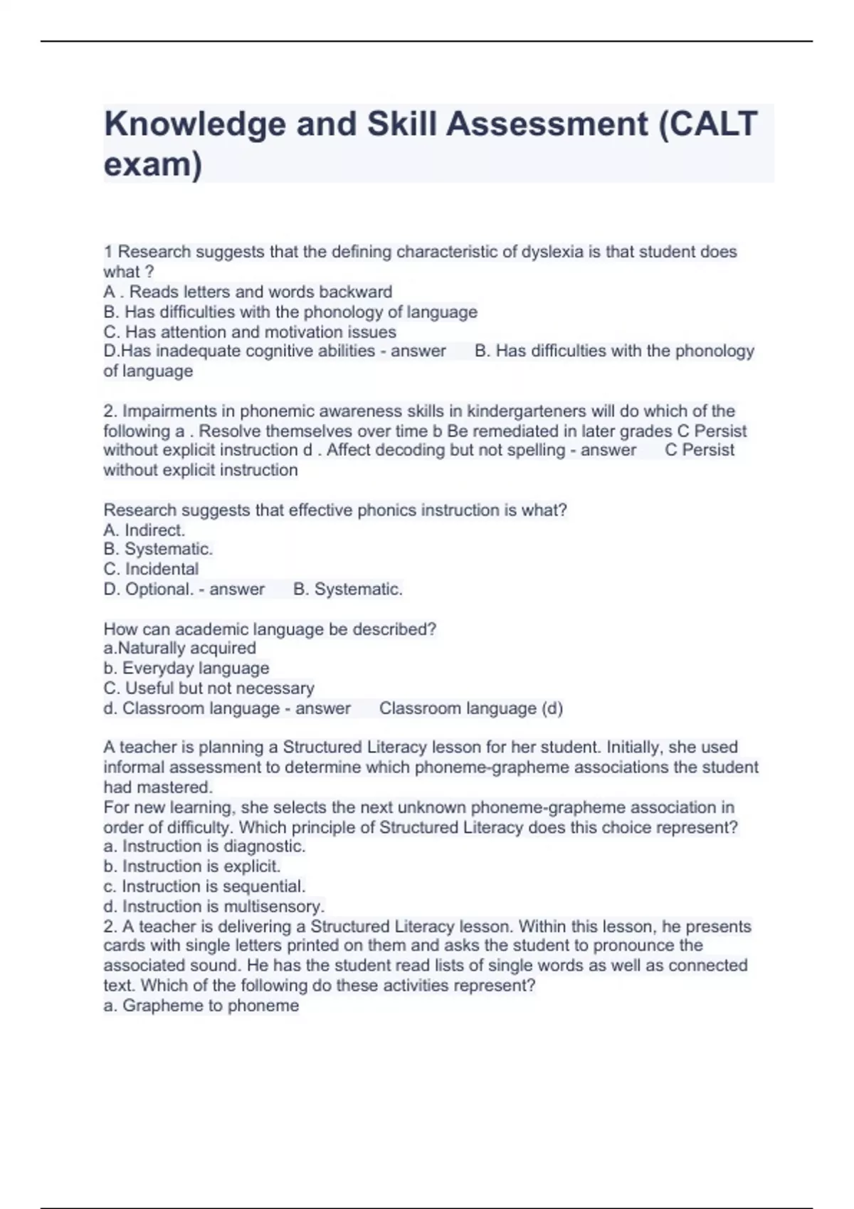 Knowledge and Skill Assessment Questions with correct Answers 2023 ...