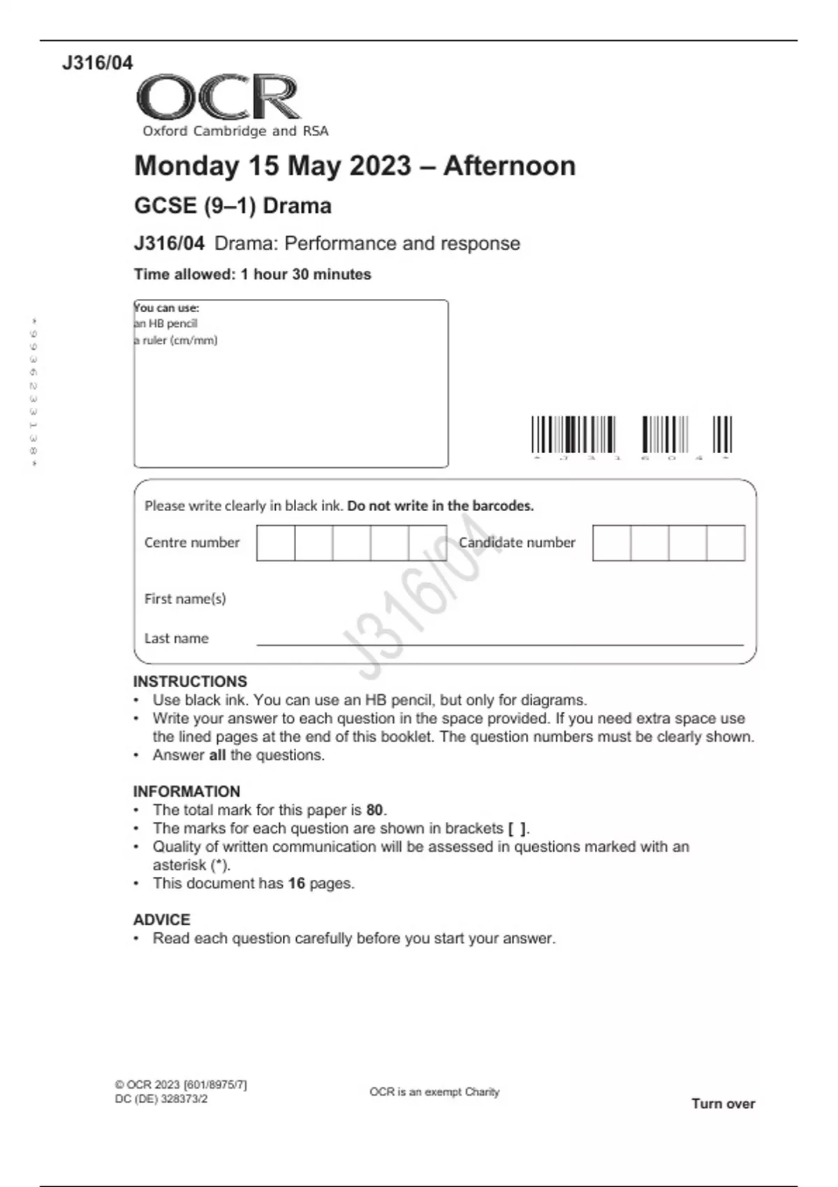 OCR GCSE (9–1) Drama J316/04 June 2023 Question paper - GCSE Drama ...