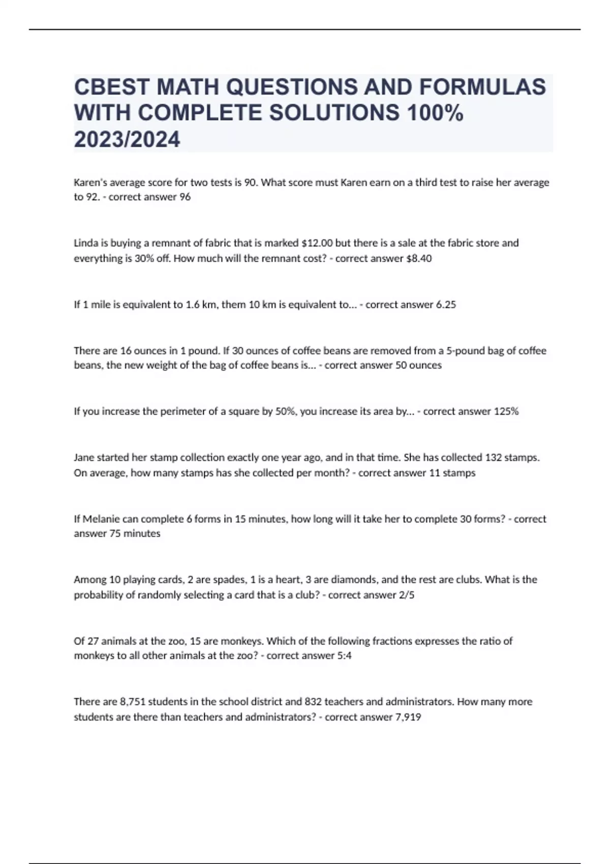 CBEST MATH QUESTIONS AND FORMULAS WITH COMPLETE SOLUTIONS 100% 2023/ ...