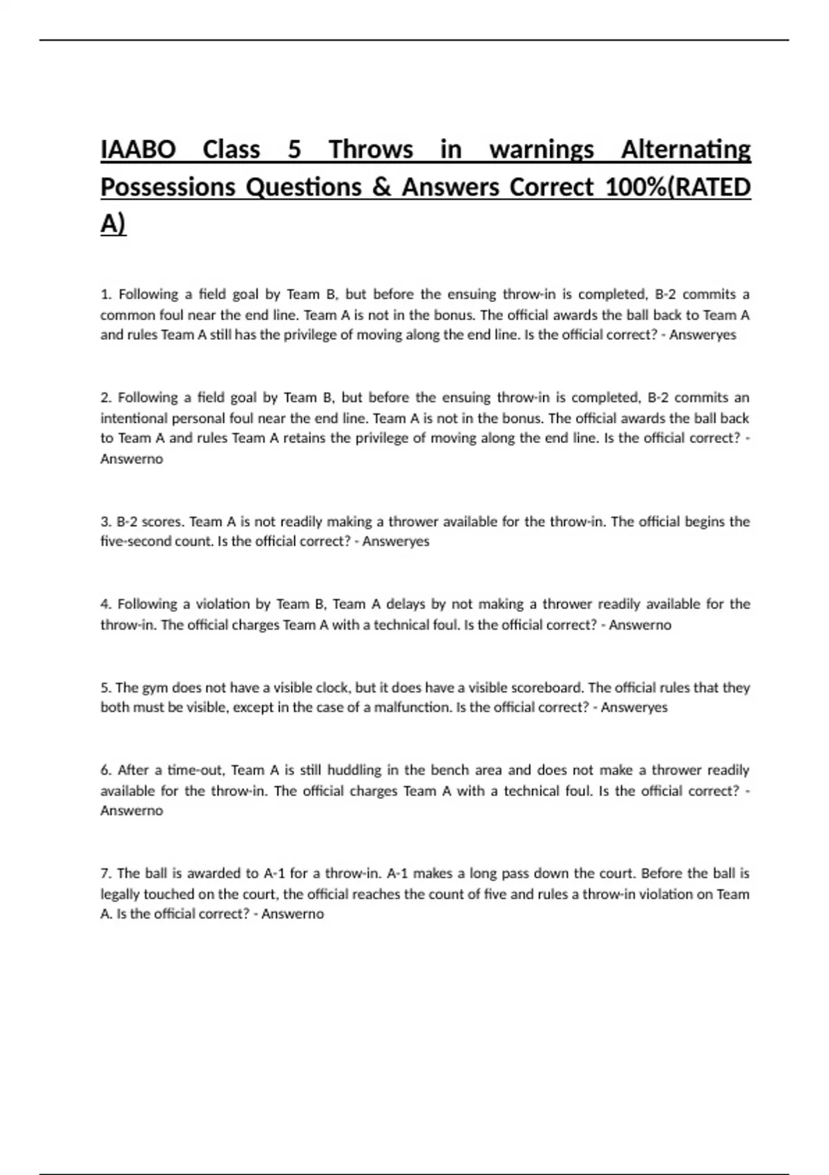 IAABO Class 5 Throws in warnings Alternating Possessions Questions ...