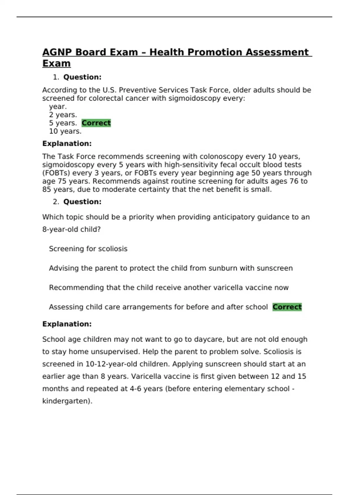 AGNP BOARD EXAM HEALTH PROMOTION ASSESSMENT CORRECTLY ANSWERED /LATEST ...