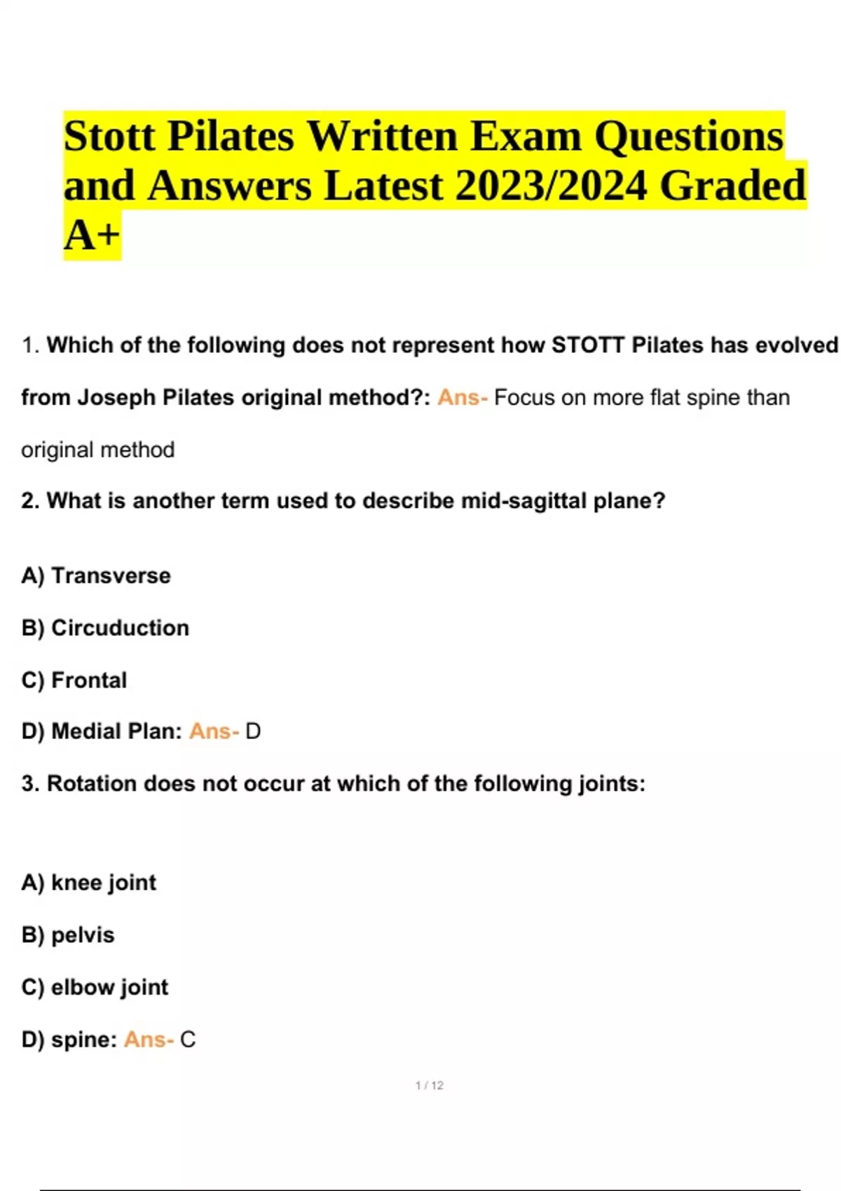 Stott Pilates Written Exam Questions & Answers | Stott Pilates Exam ...