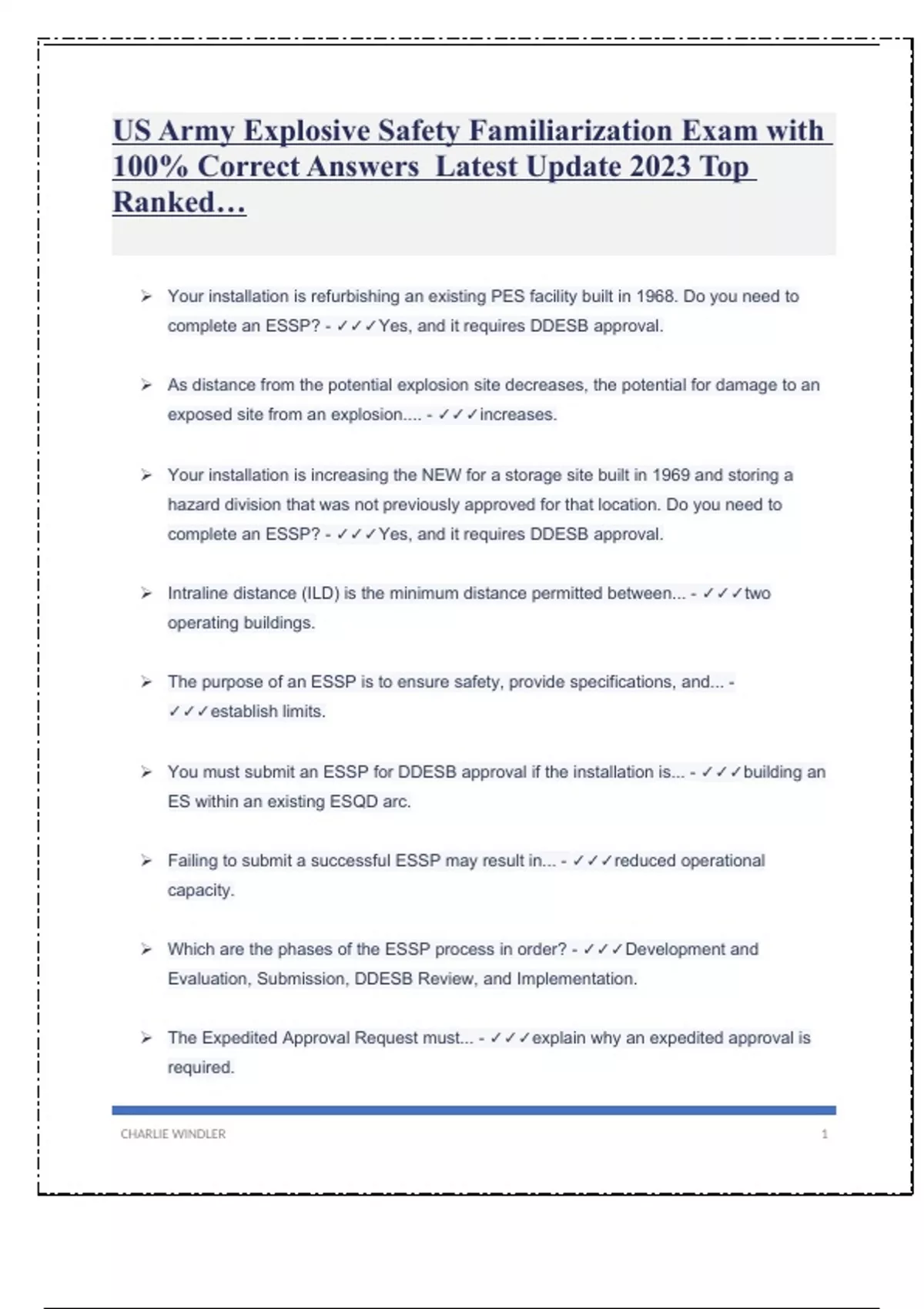 US Army Explosive Safety Familiarization Exam with 100% Correct Answers ...