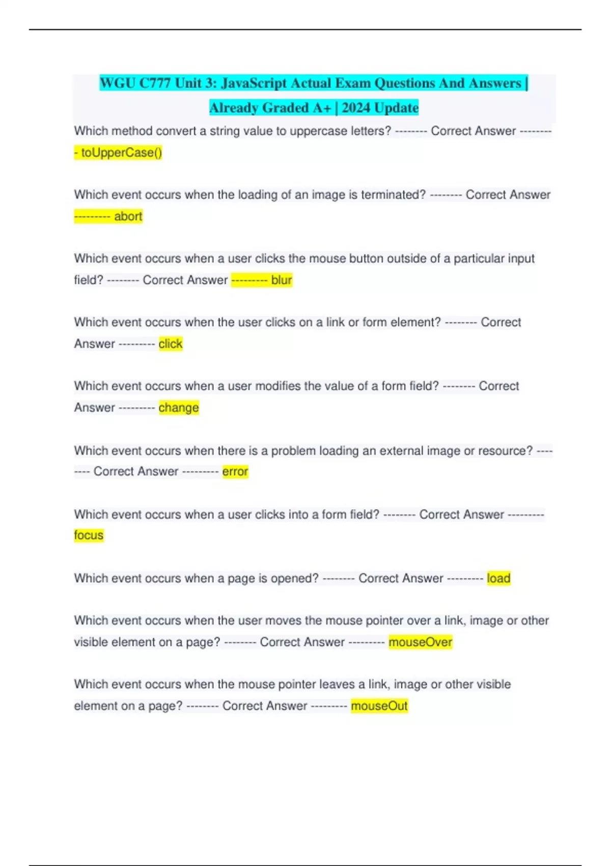 WGU C777 Unit 3: JavaScript Actual Exam Questions And Answers | Already Graded A+ | 2024 Update ...