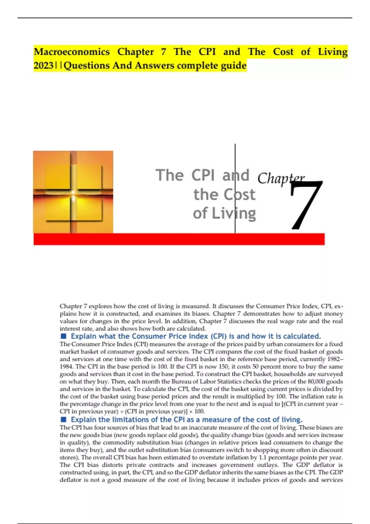 Macroeconomics Chapter 7 The CPI and The Cost of Living 2023||Questions ...