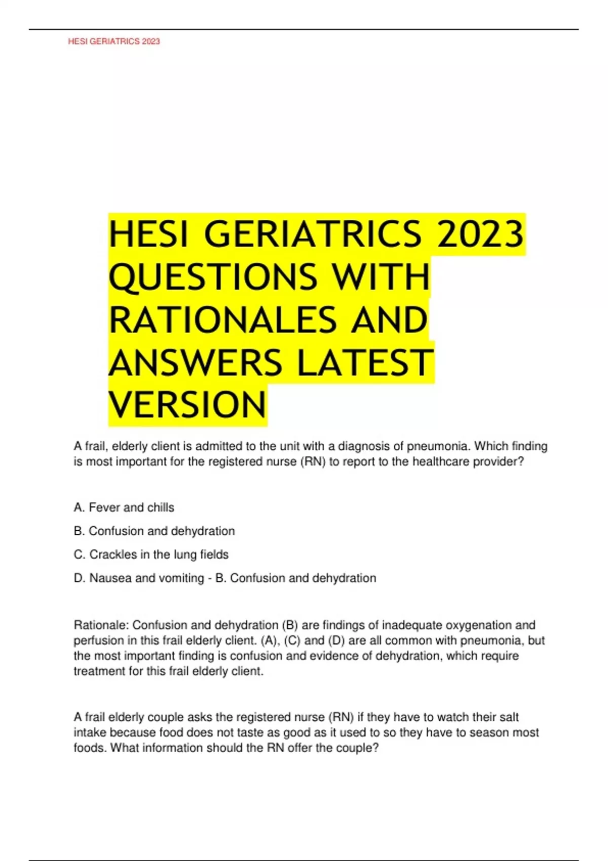 HESI GERIATRICS 2023 QUESTIONS WITH RATIONALES AND ANSWERS LATEST ...