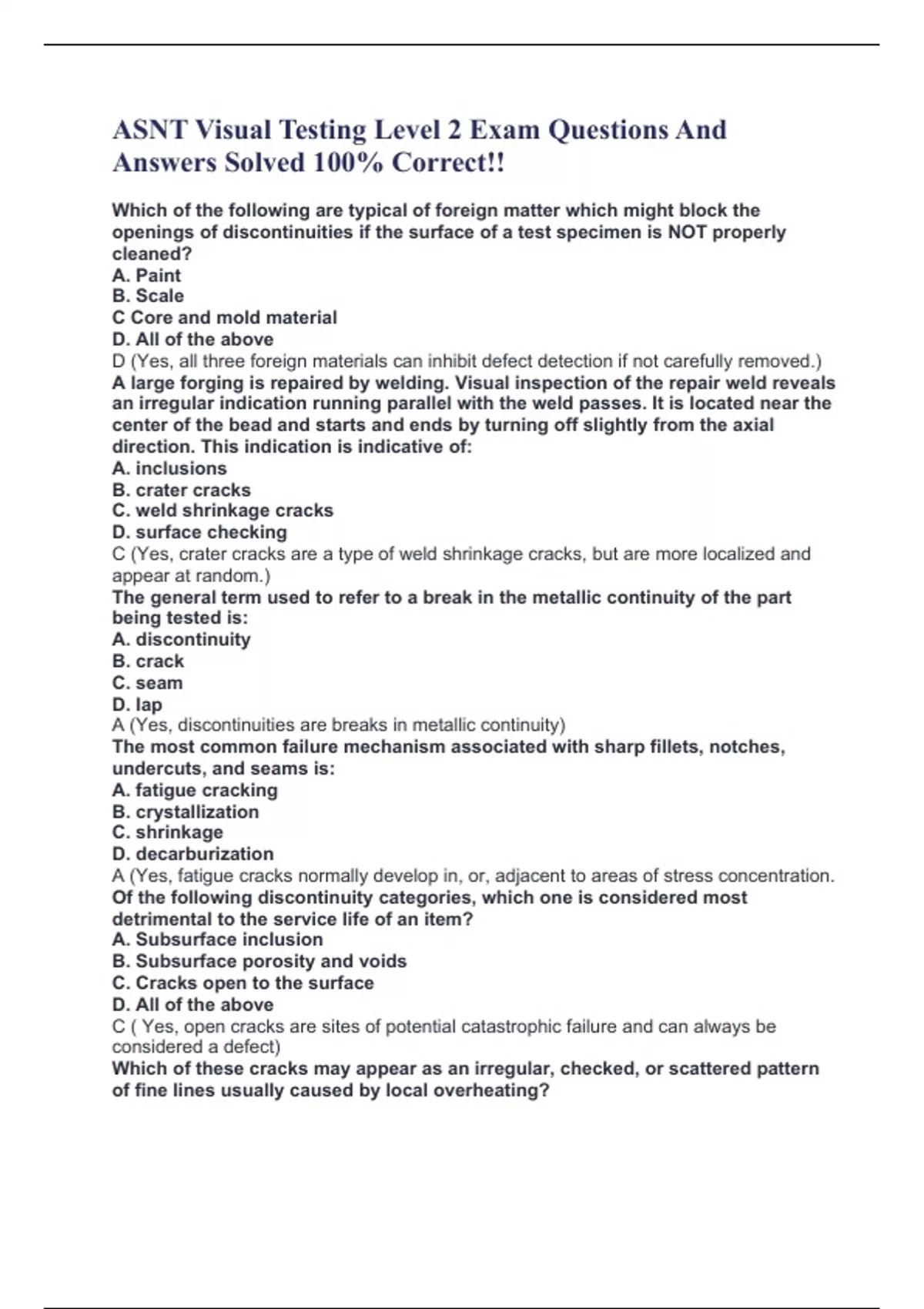 ASNT Visual Testing Level 2 Exam Questions And Answers Solved 100% ...