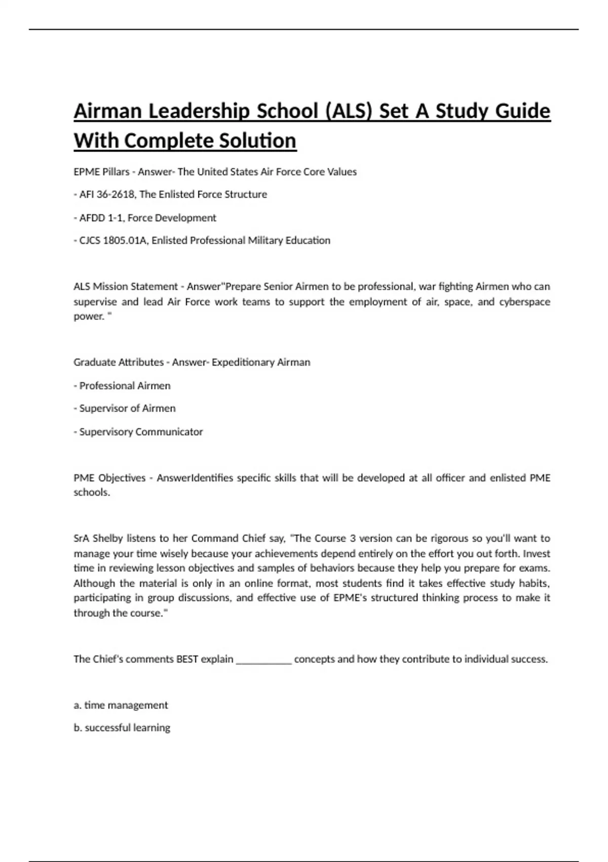 Airman Leadership School (ALS) Set A Study Guide With Complete Solution ...
