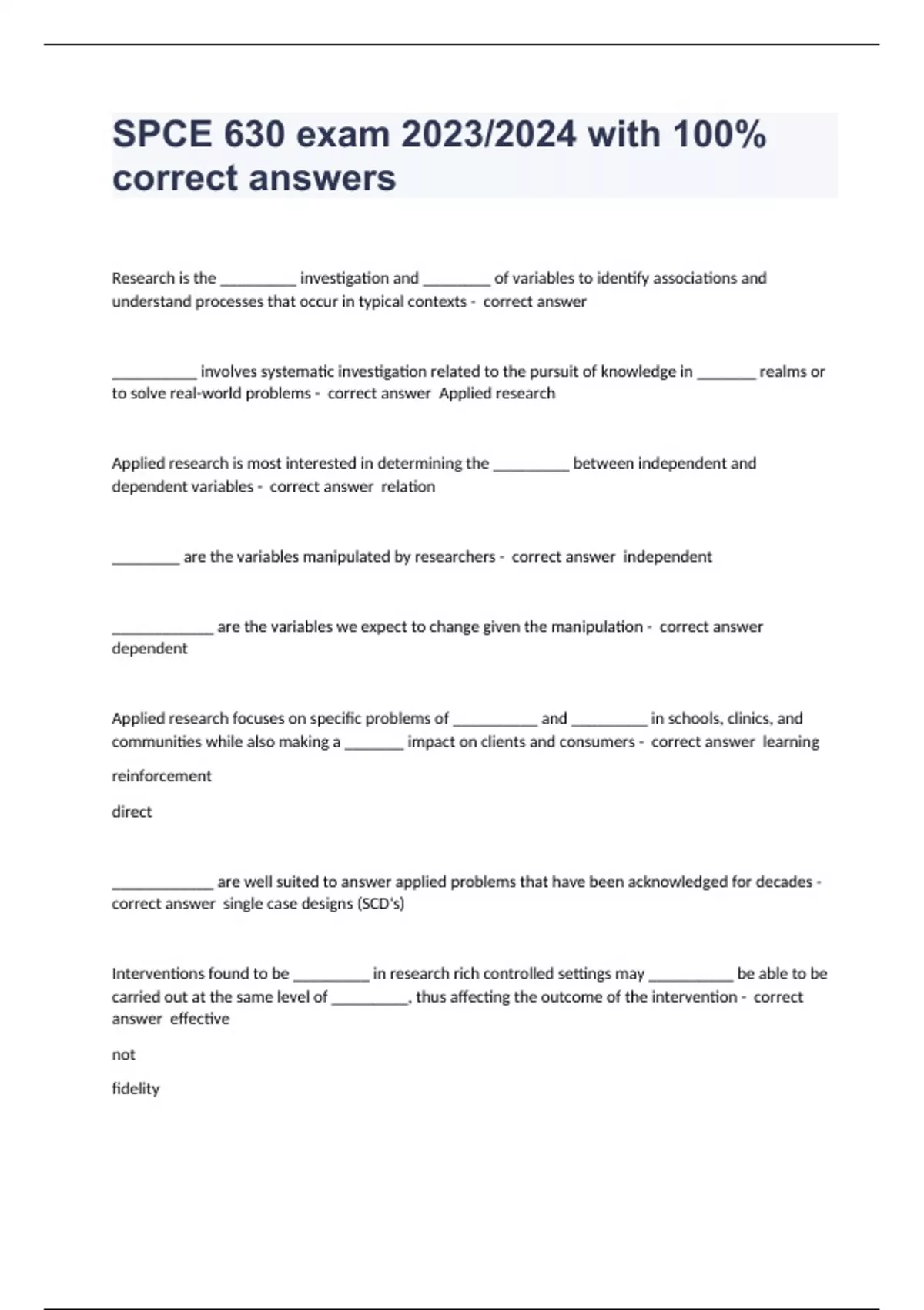 SPCE 630 exam 2023/2024 with 100% correct answers - SPCE 630 - Stuvia US