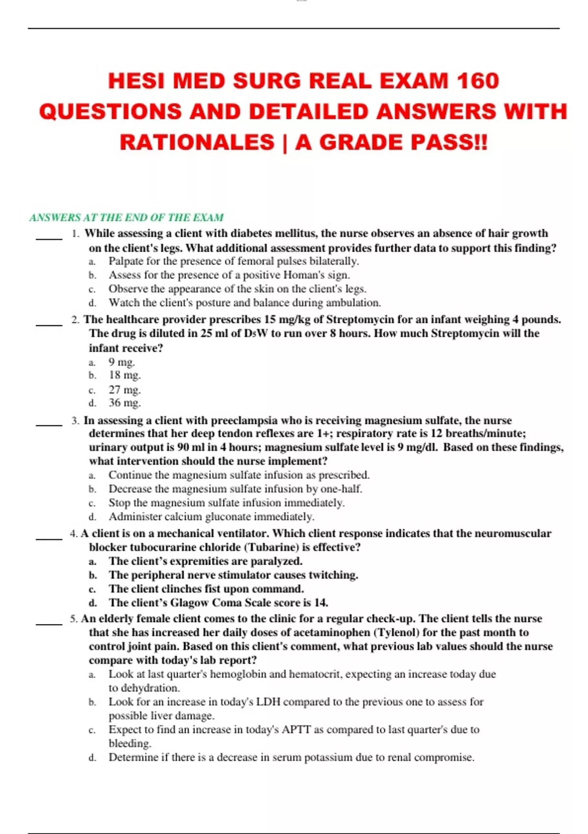 HESI MED SURG REAL EXAM 160 QUESTIONS AND DETAILED ANSWERS WITH ...