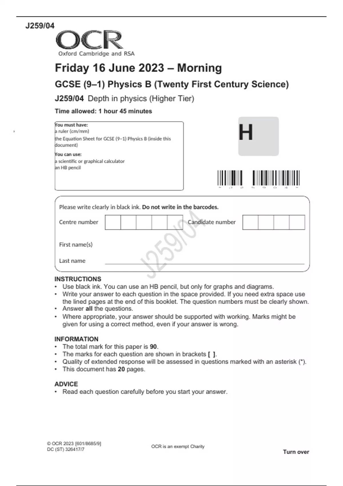 OCR GCSE Physics B paper 4 Higher Tier J259/04 Twenty First Century ...