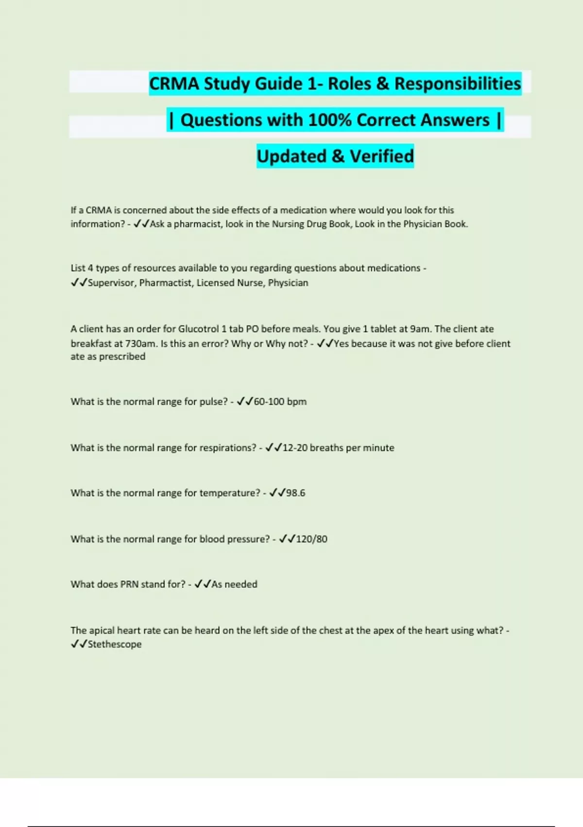 CRMA Study Guide 1- Roles & Responsibilities | Questions with 100% Correct Answers | Updated ...