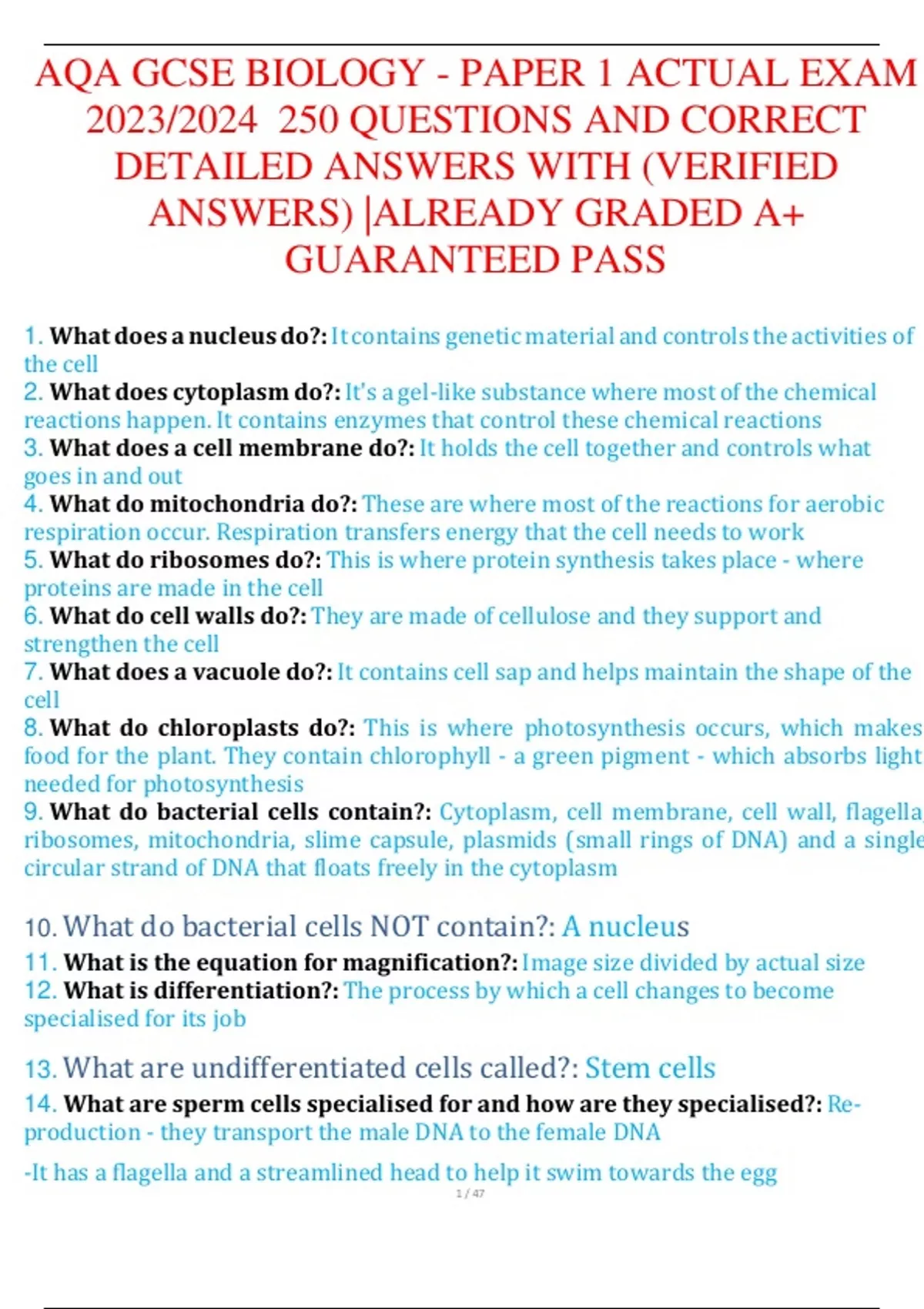 AQA GCSE BIOLOGY - PAPER 1 ACTUAL EXAM 2023/2024 250 QUESTIONS AND ...