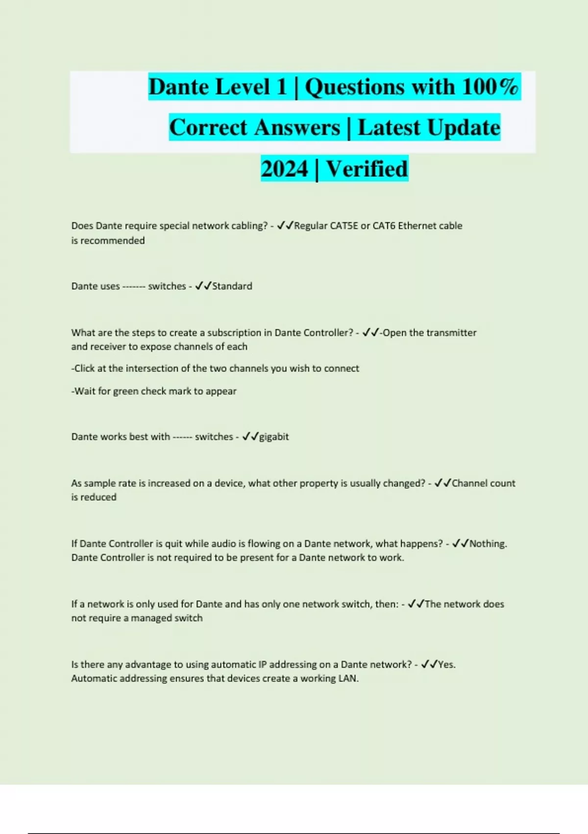 Dante Level 1 | Questions with 100% Correct Answers | Latest Update ...