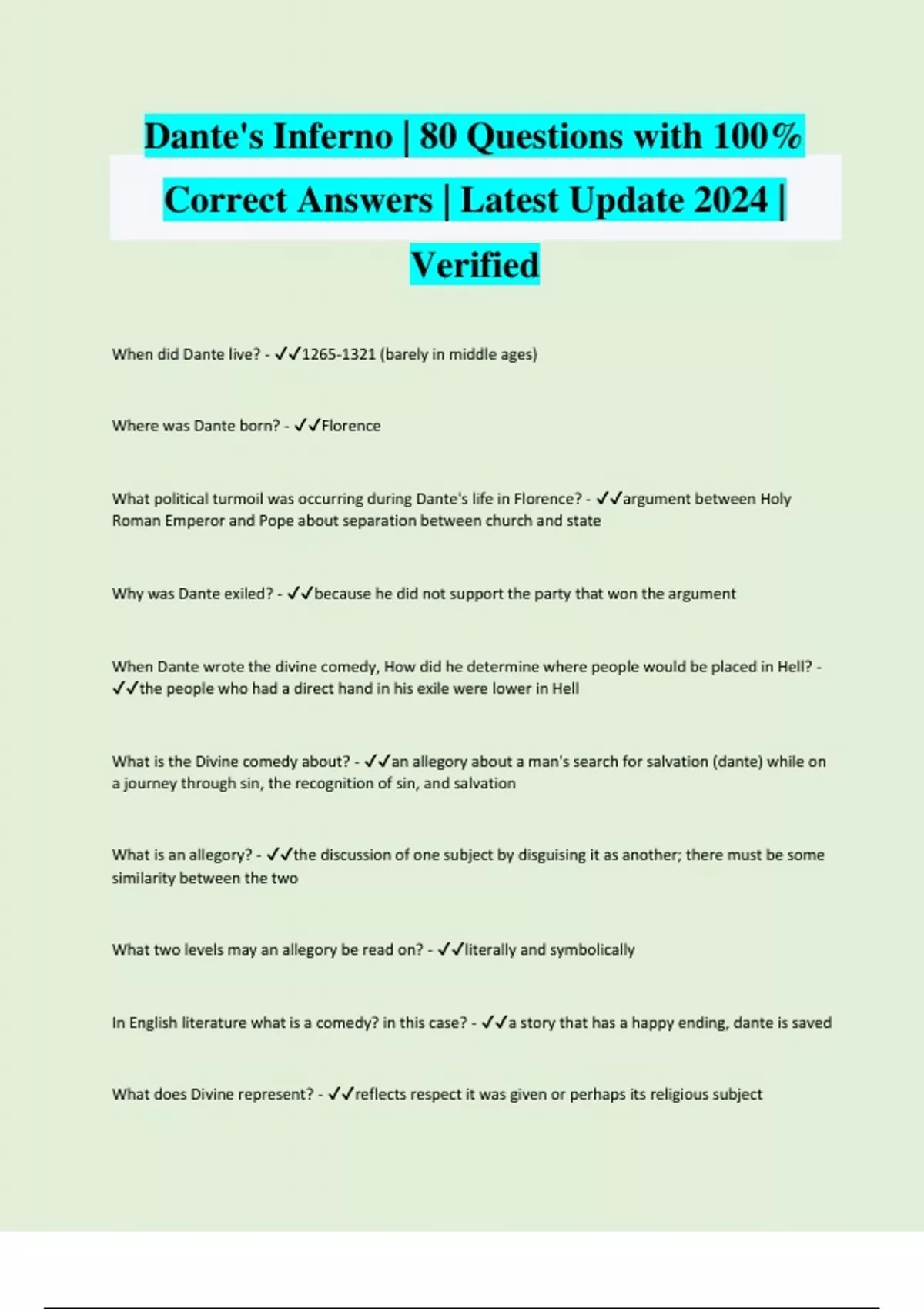 Dante's Inferno | 80 Questions with 100% Correct Answers | Latest ...