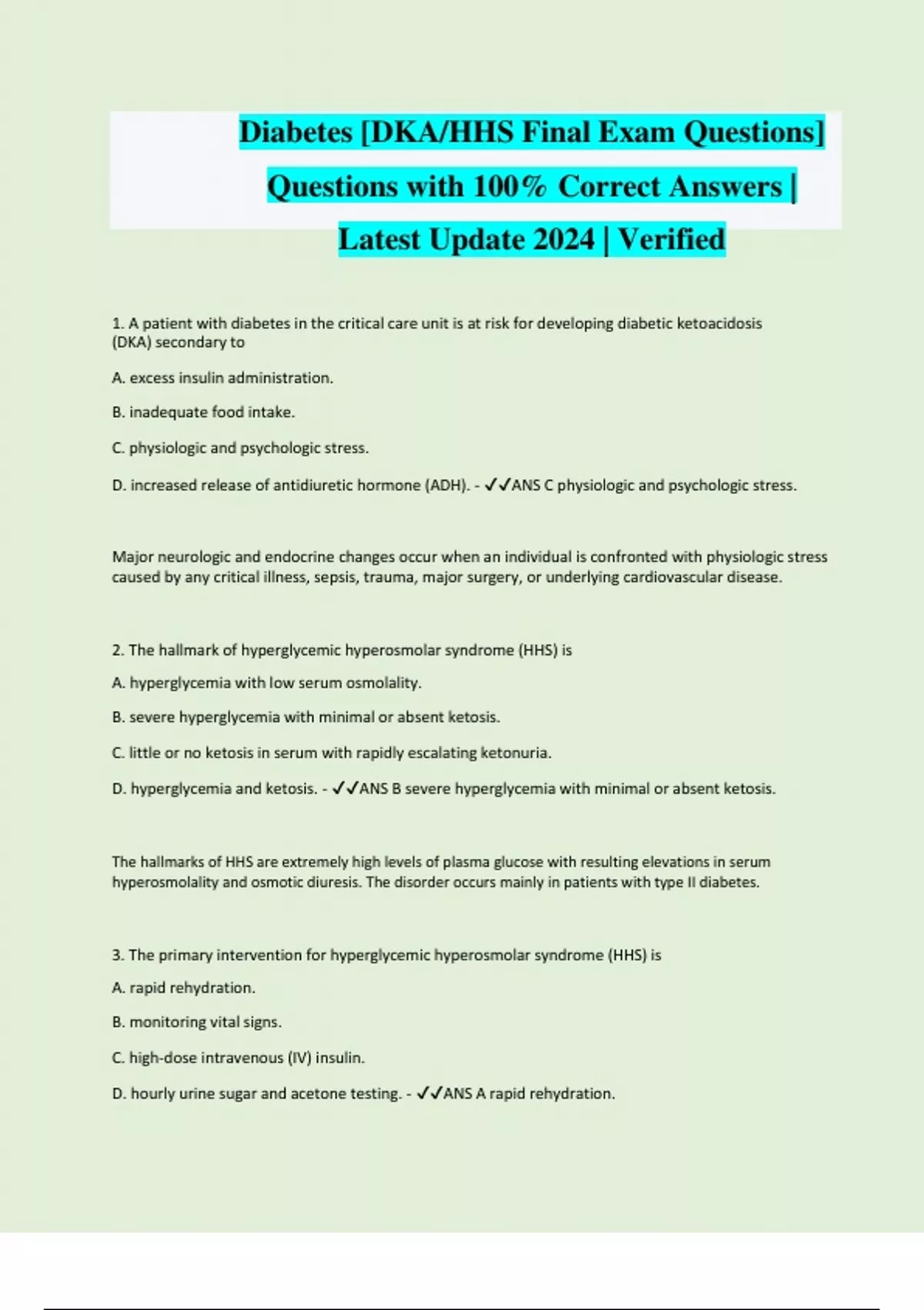 Diabetes [DKA/HHS Final Exam Questions] Questions with 100% Correct ...