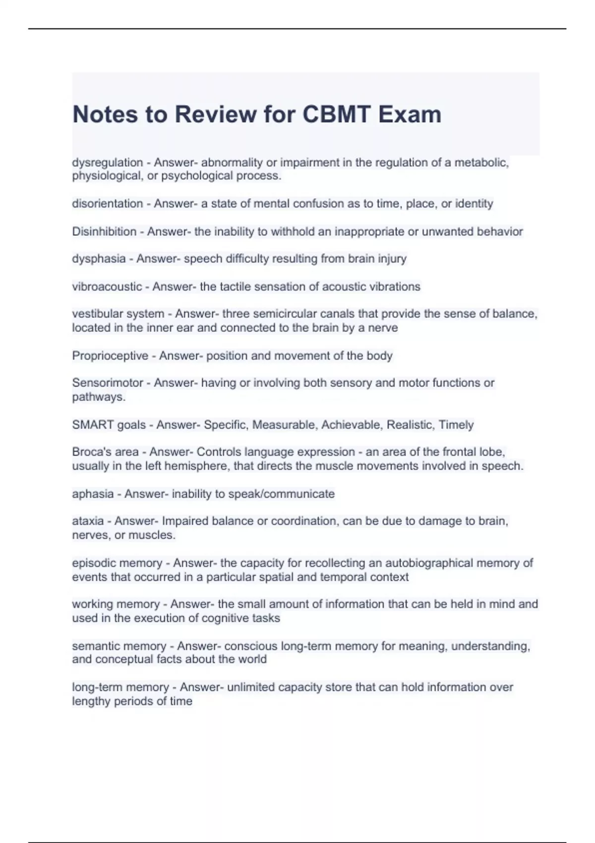 Notes to Review for CBMT Exam Questions and Answers - CBMT - Stuvia US