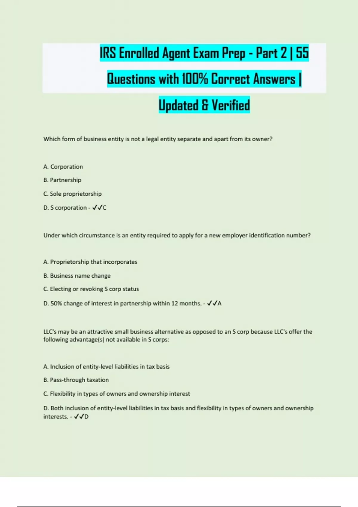 IRS Enrolled Agent Exam Prep - Part 2 | 55 Questions with 100% Correct ...