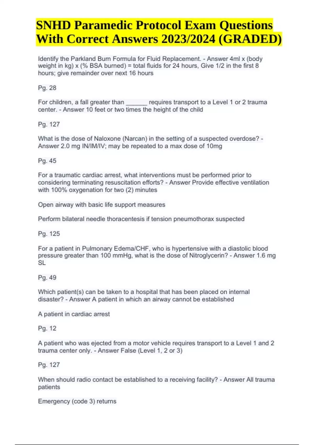 SNHD Paramedic Protocol Exam Questions With Correct Answers | SNHD ...