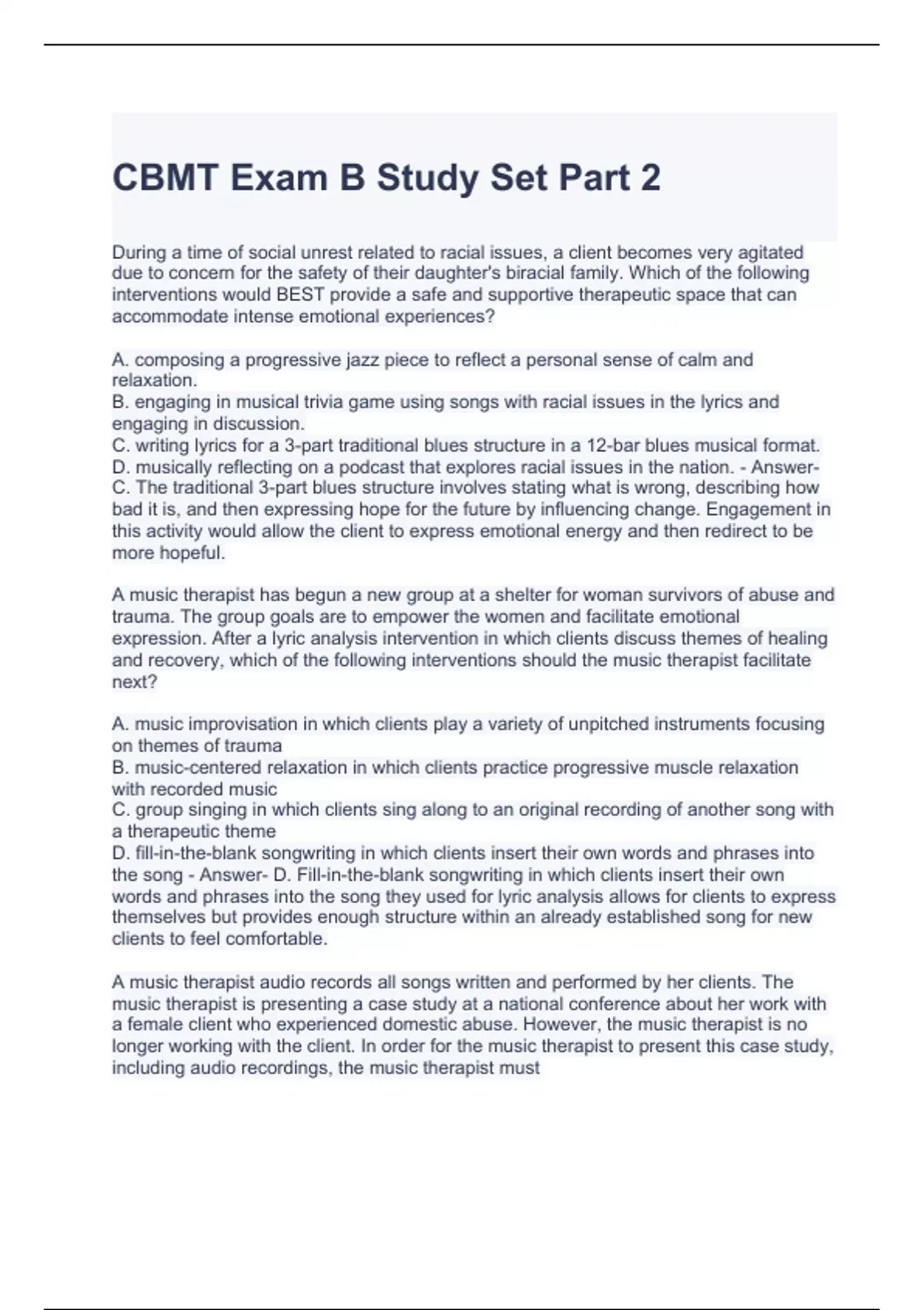 CBMT Exam B Study Set Part 2 Questions and Answers - CBMT - Stuvia US