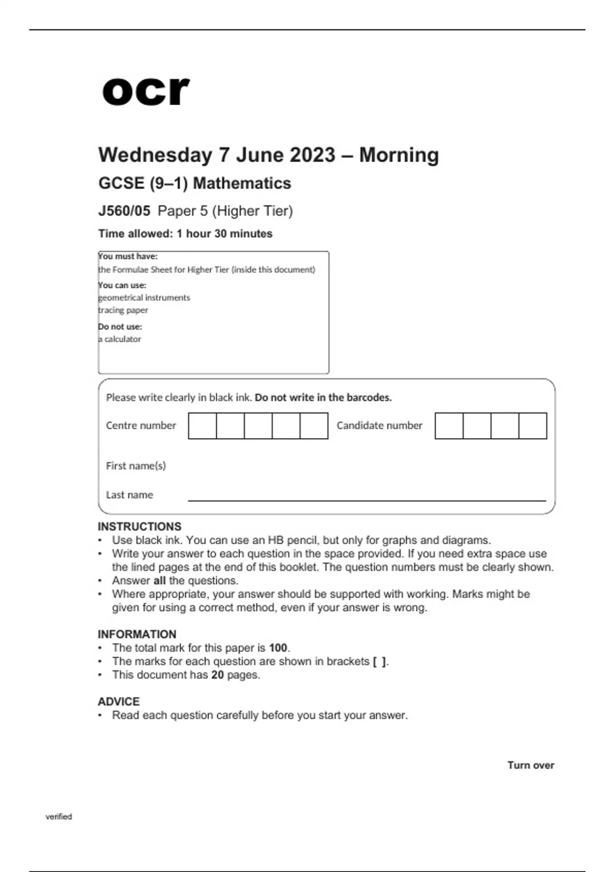 ocr GCSE Mathematics (J560/05) MARK SCHEME AND QUESTION PAPER June2023 ...