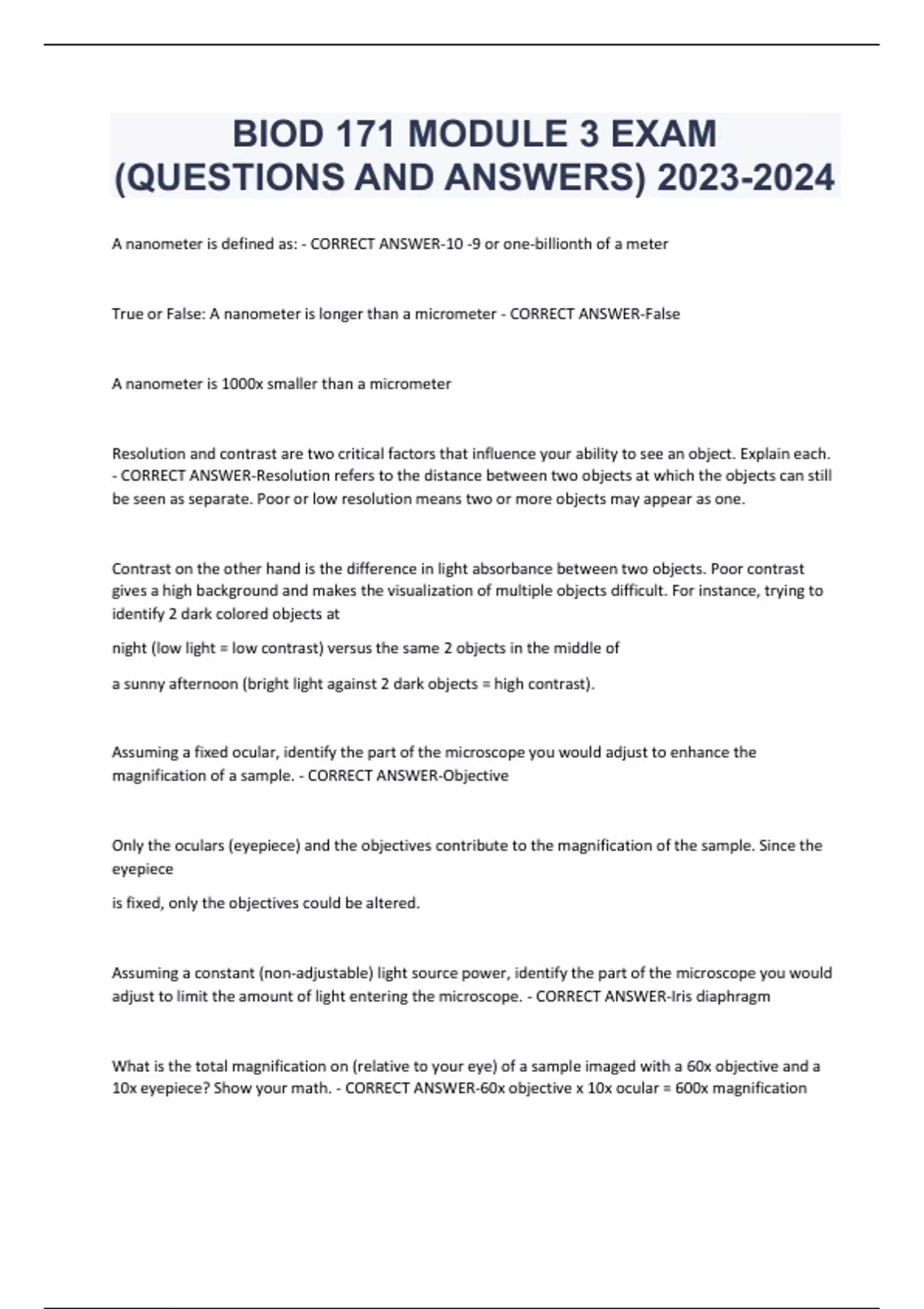 BIOD 171 MODULE 3 EXAM (QUESTIONS AND ANSWERS) - BIOD 171 - Stuvia US