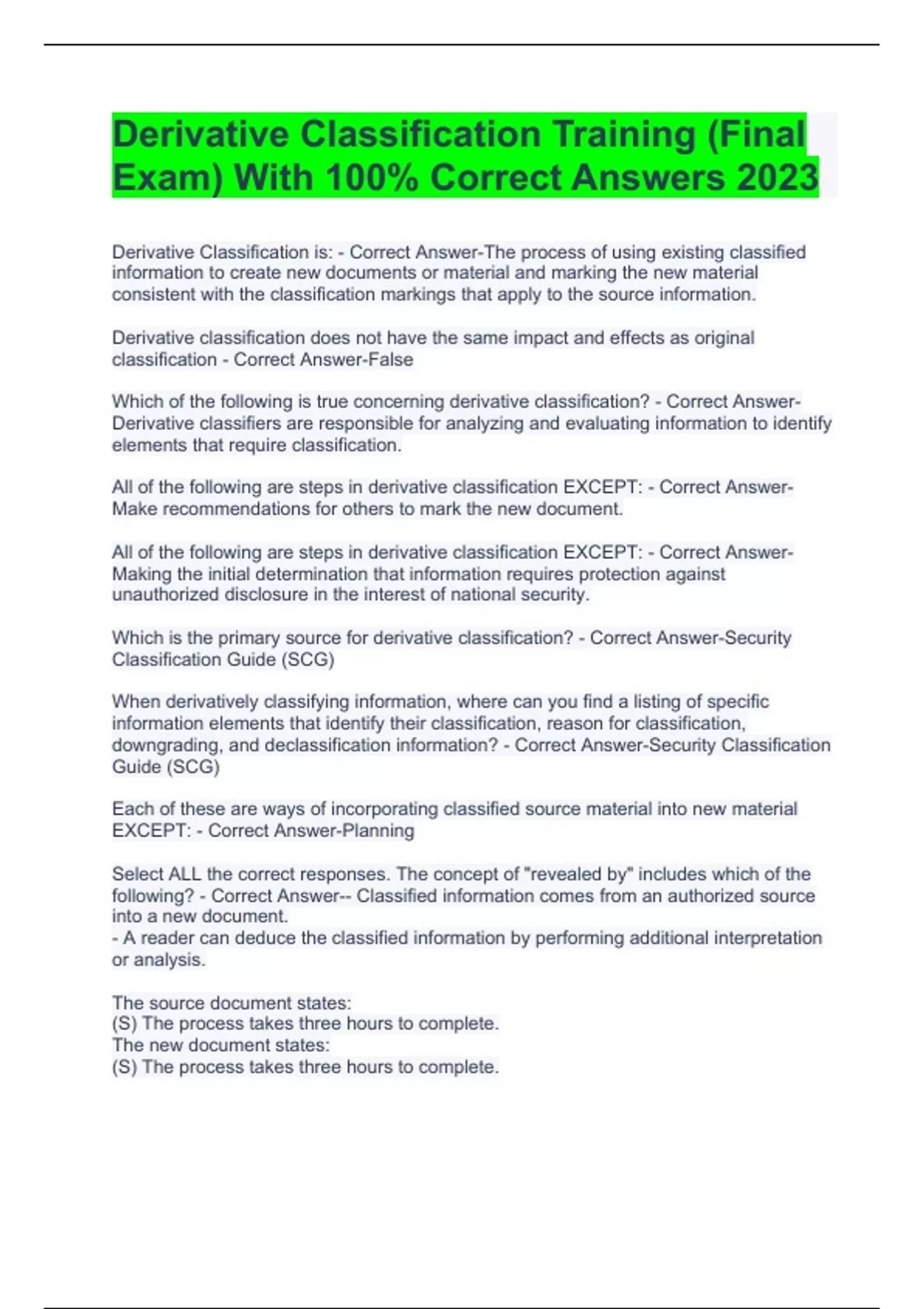 Derivative Classification Training Final Exam With 100 Correct Answers 2023 Derivative