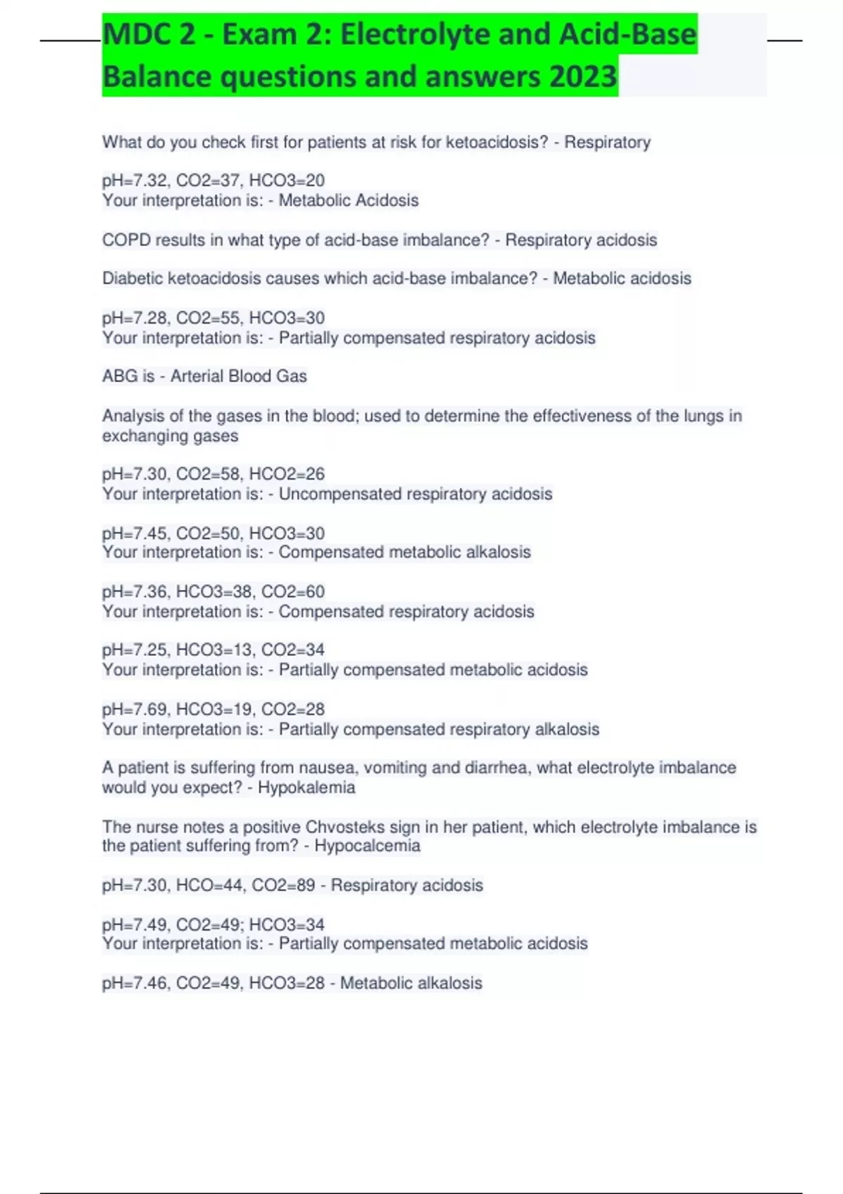 MDC 2 - Exam 2 Electrolyte and Acid-Base Balance questions and answers 2023. - MDC 2023 - Stuvia US