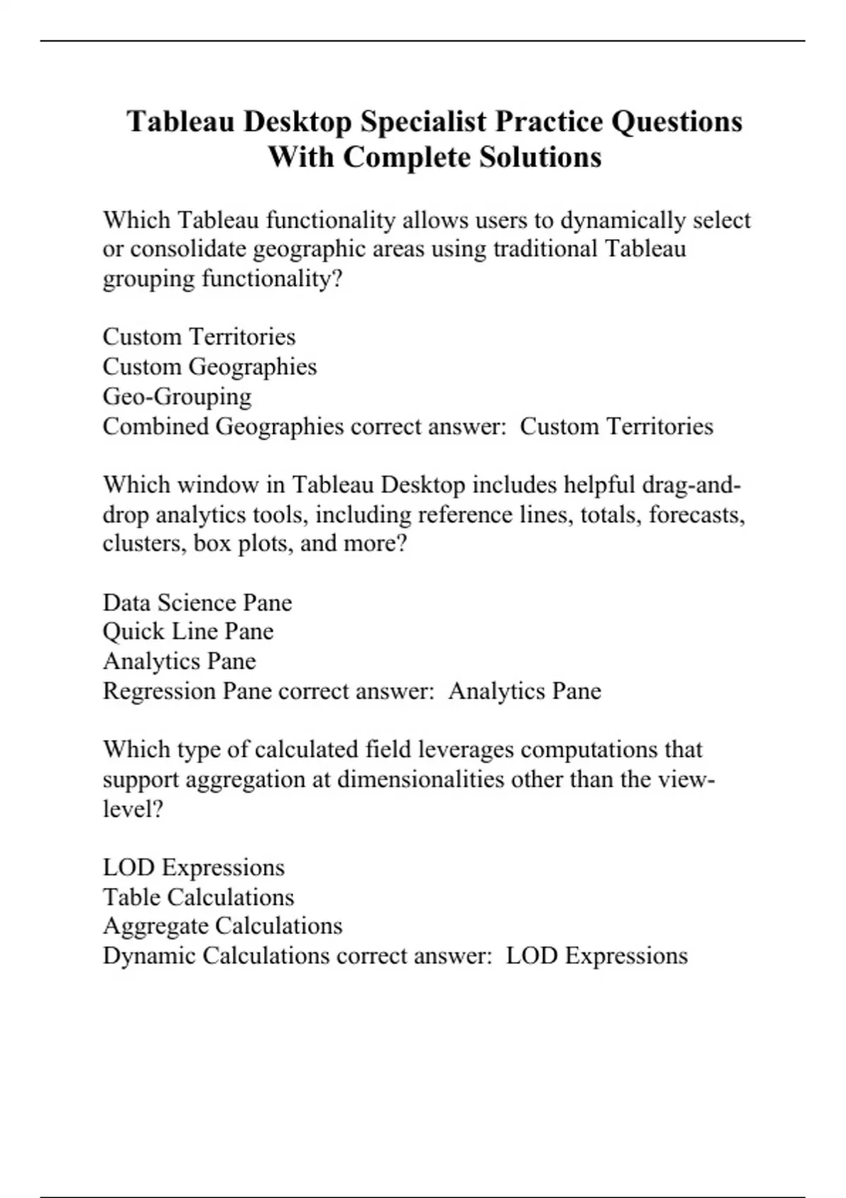 Tableau Desktop Specialist Practice Questions With Complete Solutions ...