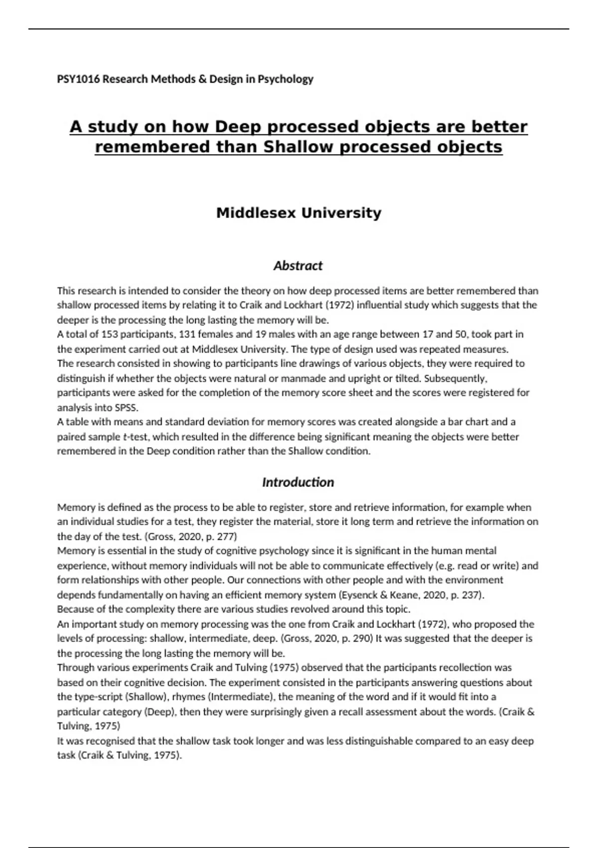 Study on how deep processed objects are better remembered compared to to Shallow processed ...
