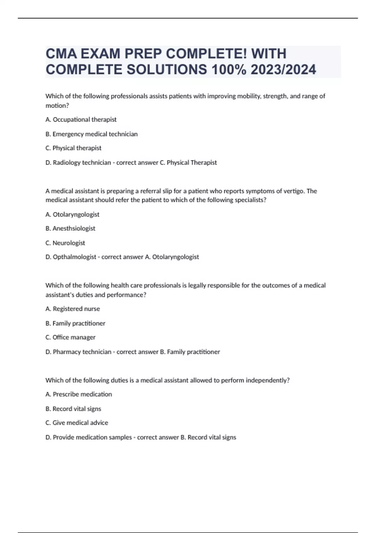 CMA EXAM PREP COMPLETE! WITH COMPLETE SOLUTIONS 100% 2023/2024 ...