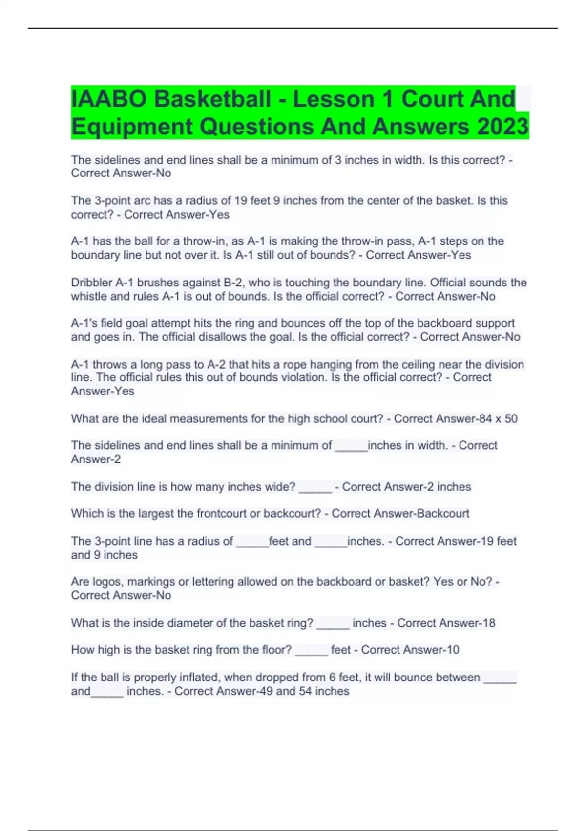 IAABO Basketball - Lesson 1 Court And Equipment Questions And Answers ...