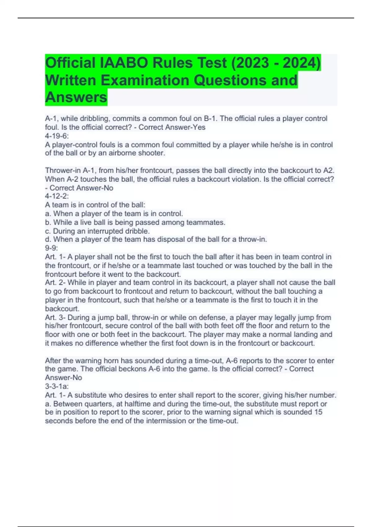 Official IAABO Rules Test () Written Examination Questions and Answers ...
