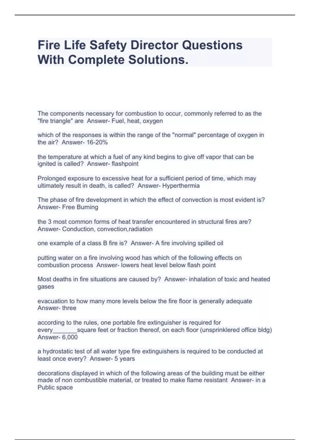 Fire Life Safety Director Questions With Complete Solutions. - Fire ...