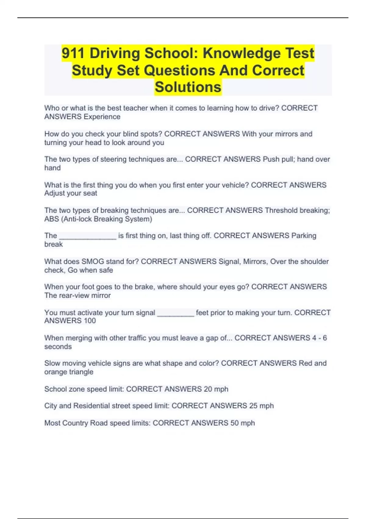 911 Driving School: Knowledge Test Study Set Questions And Correct ...