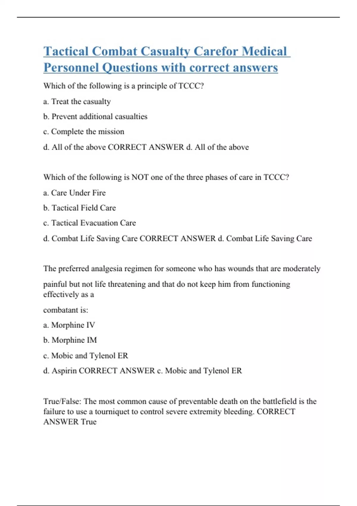 Tactical Combat Casualty Carefor Medical Personnel Questions with ...