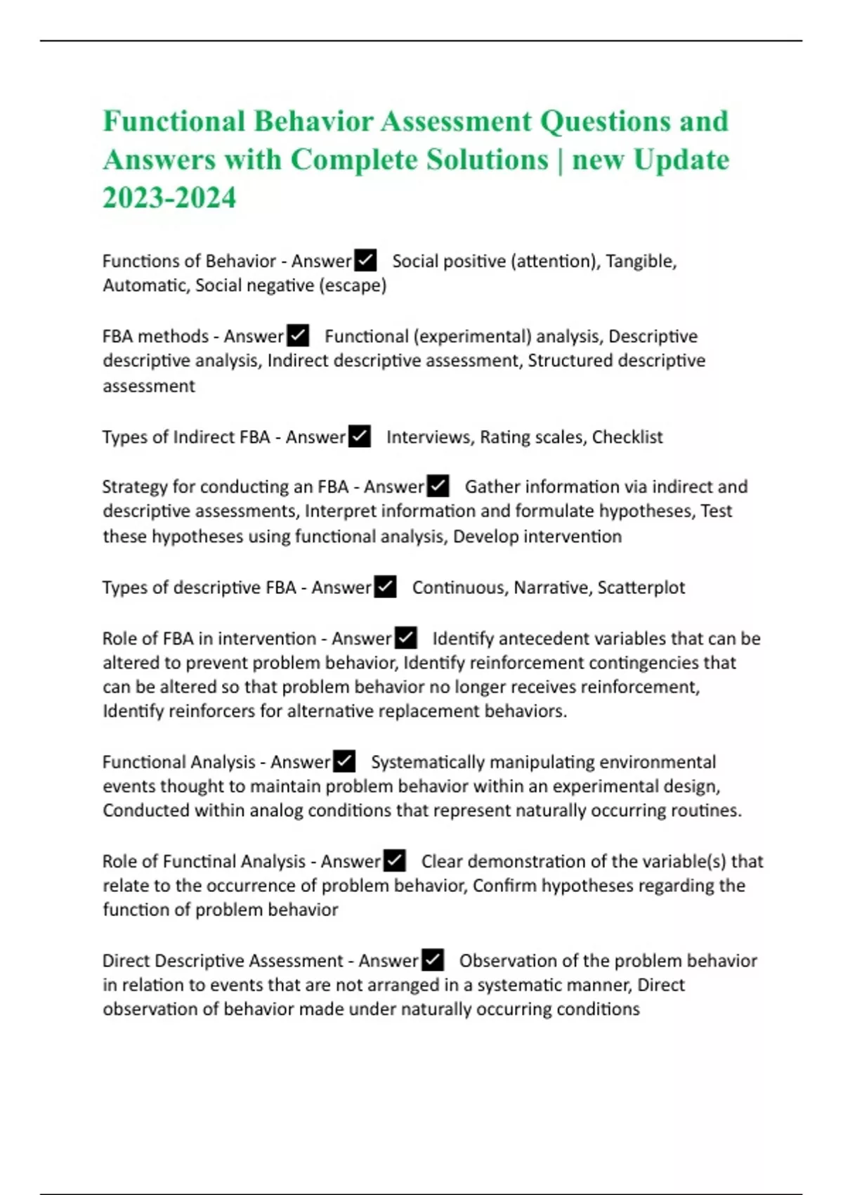 FBA (Functional Behavioral Assessment) BUNDLED UPDATED QUESTIONS AND ...